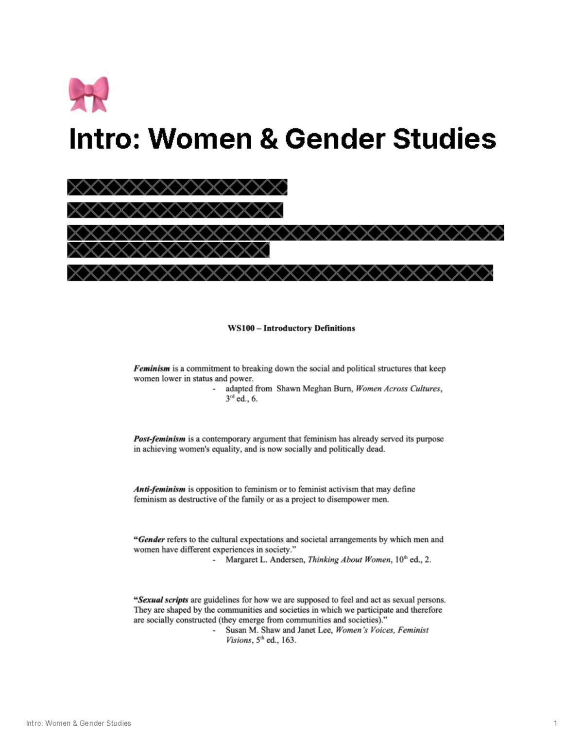 Midterm Prep notes - Intro: Women & Gender Studies CHAPTER 1 STUDYING ...