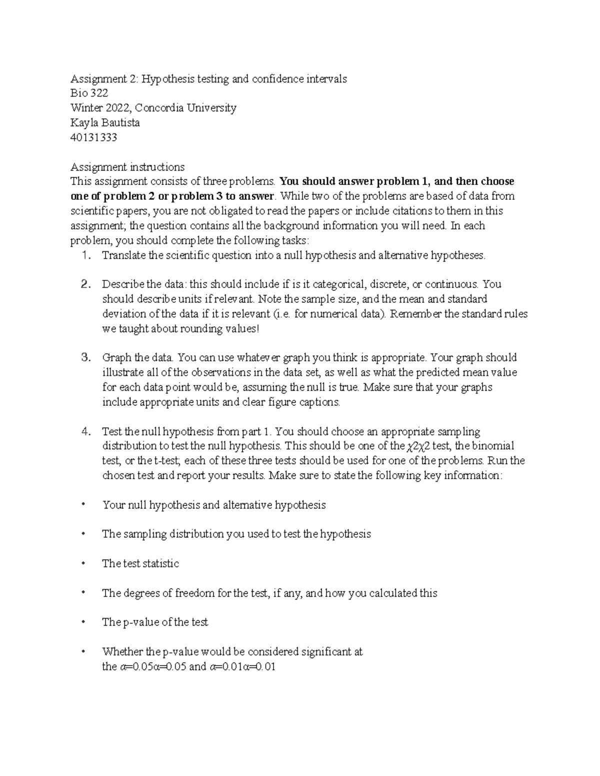 Bio 322 Assignment 2 need to do for final - Assignment 2: Hypothesis ...