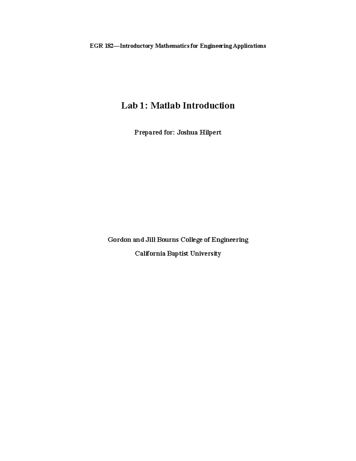 EGR Mathematics for Engineering Applications Lab 1: Matlab Introduction - Studocu