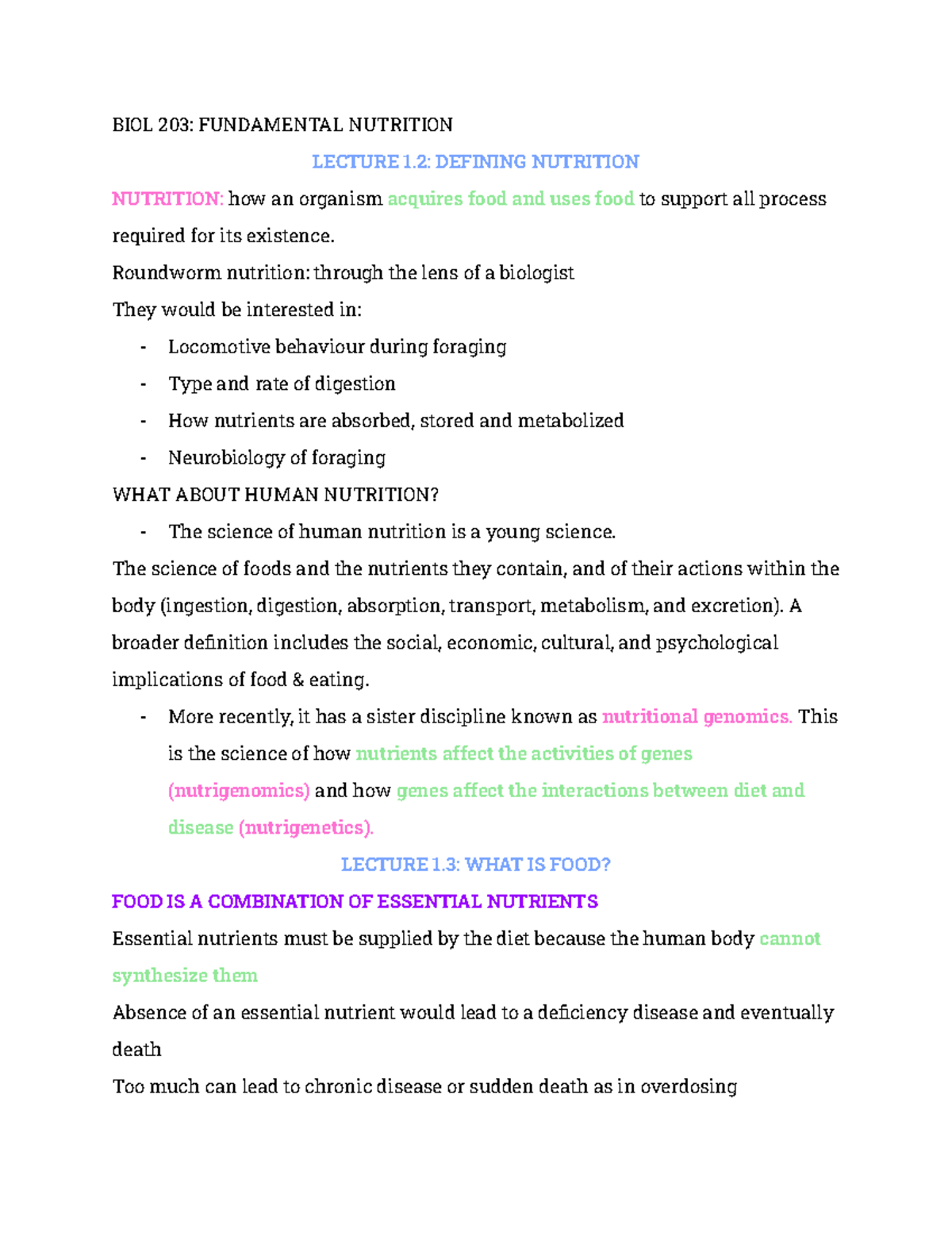 Lesson 1 Lecture Notes - BIOL 203: FUNDAMENTAL NUTRITION LECTURE 1 ...