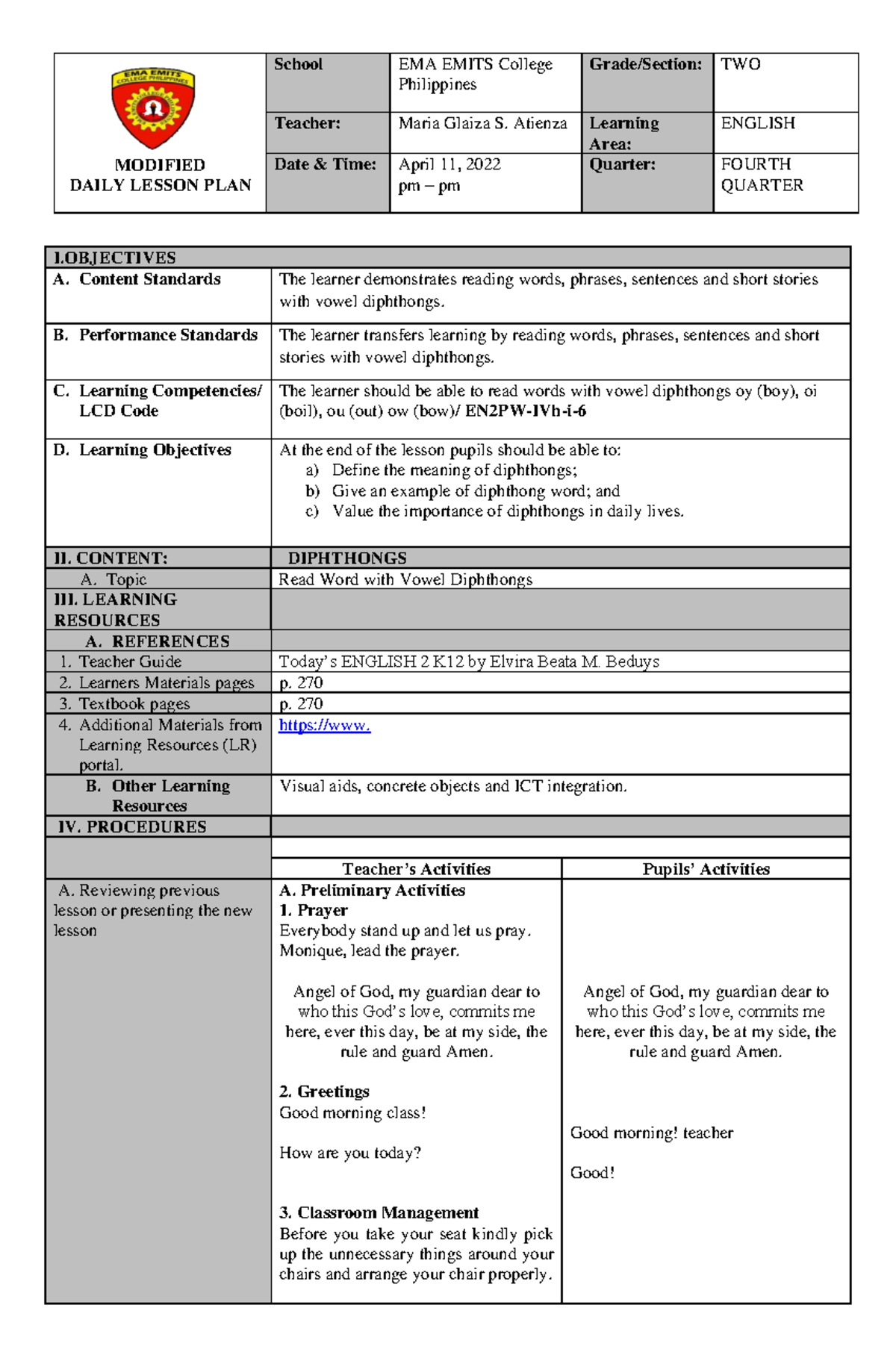 Glaiza diphthongs - nove - MODIFIED DAILY LESSON PLAN School EMA EMITS ...
