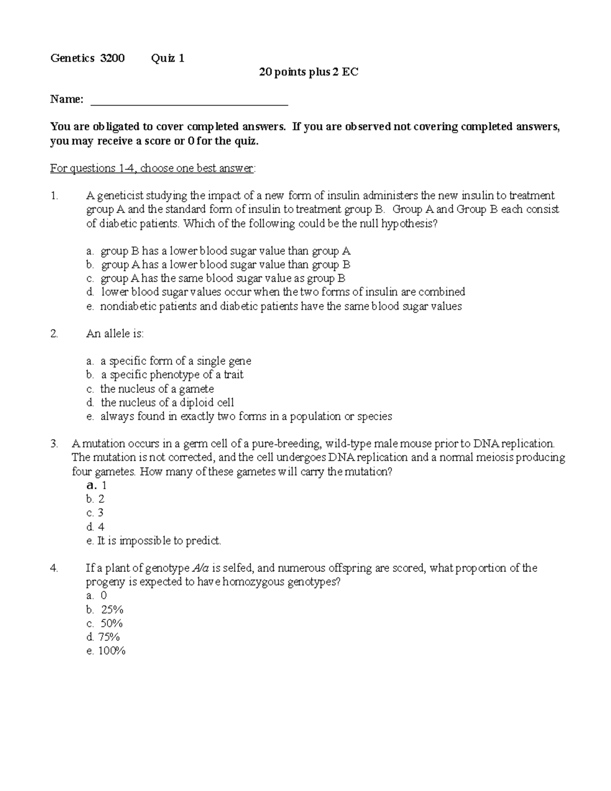 Quiz 1 F2022 - Quiz monohybrid inheritence - Genetics 3200 Quiz 1 20 ...