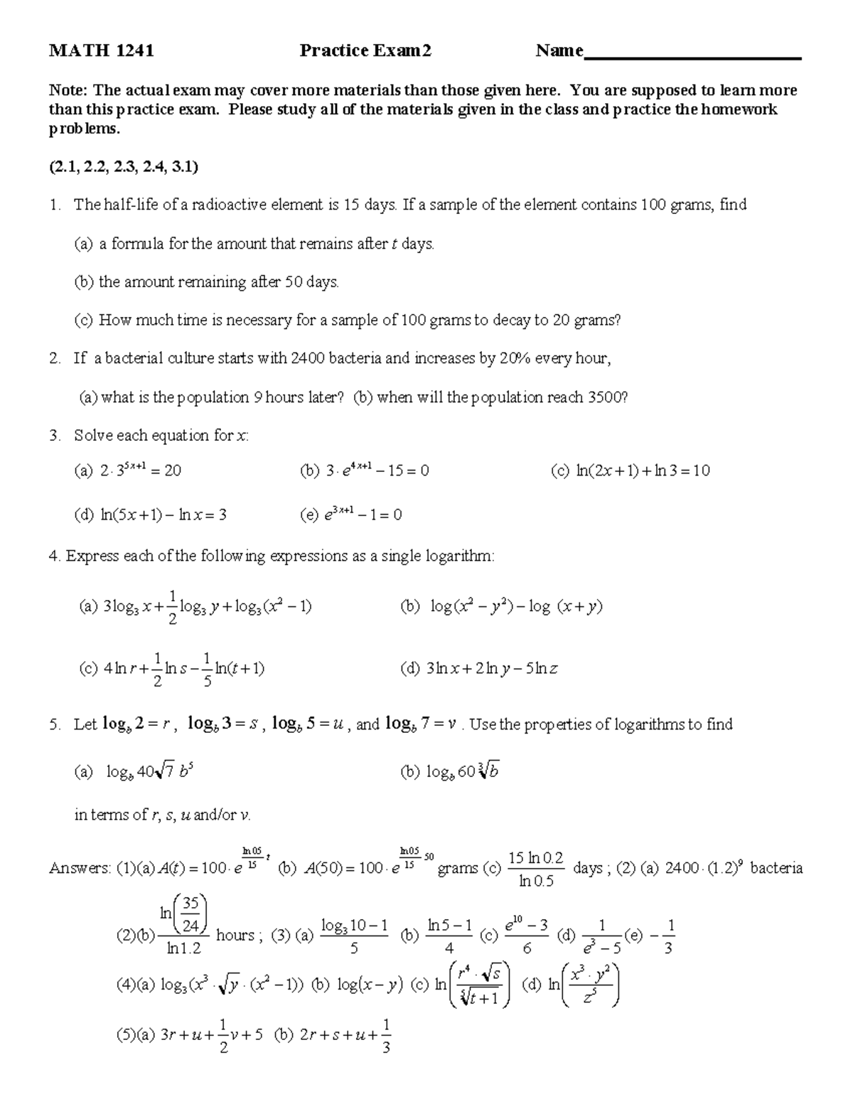 Practice Exam2 - Contain Log, Trig, and half-life problems - MATH 1241 ...