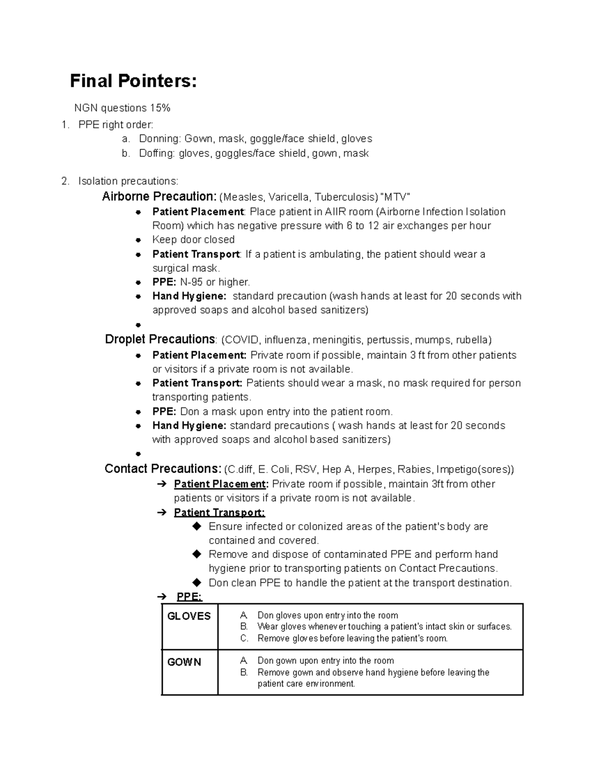 Final Pointers - Fundamentals - Final Pointers: NGN questions 15% PPE ...