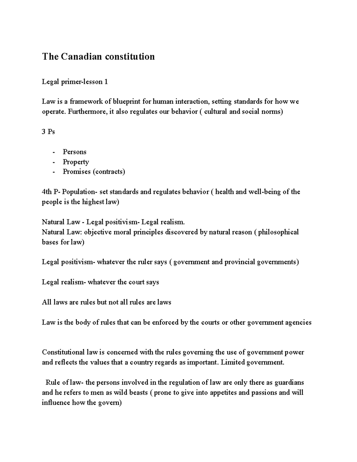 LAW 2201 notes - The Canadian constitution Legal primer-lesson 1 Law is ...