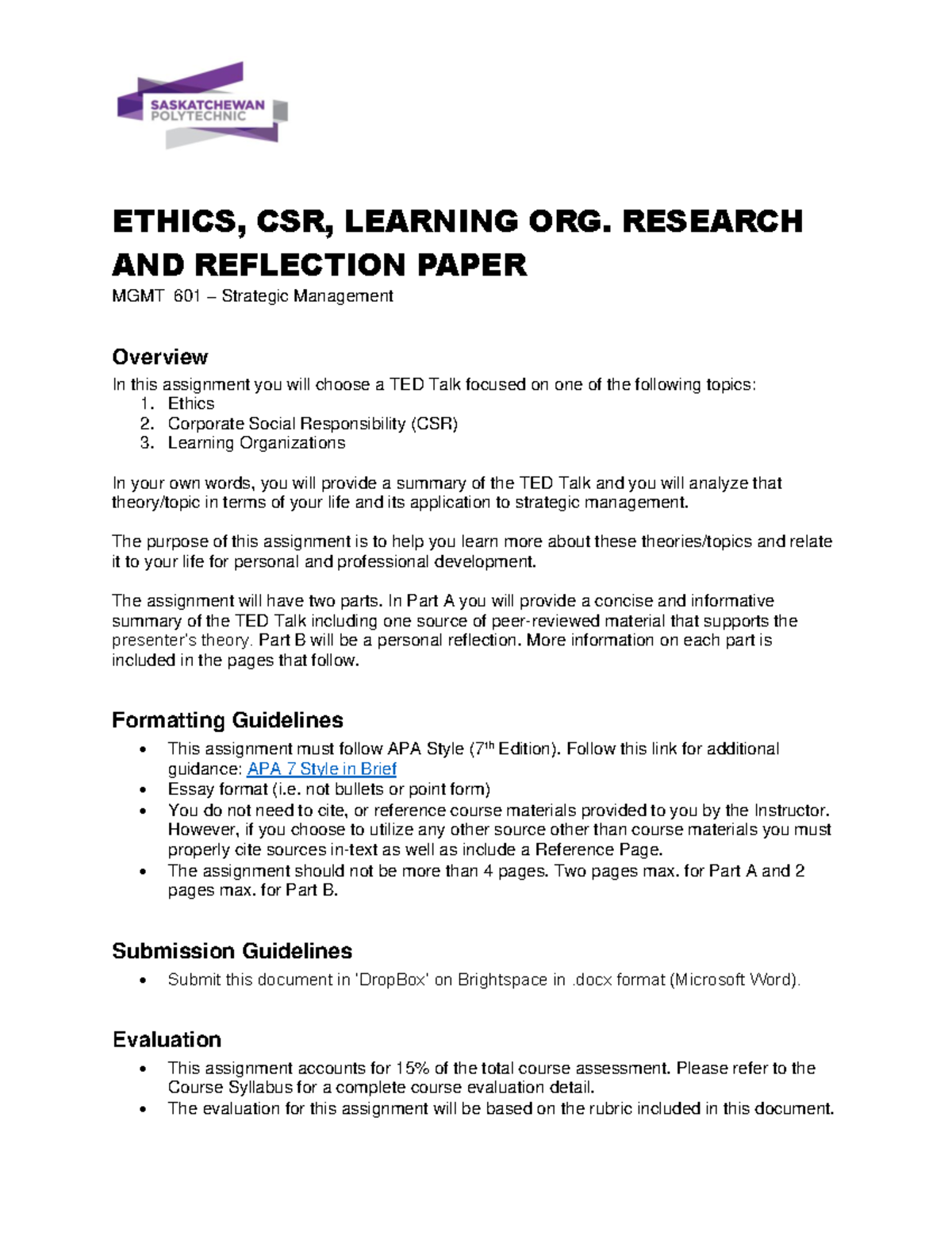 MGMT 601-24 Ethics CSR Learning Org Research and Reflection Paper - ETHICS, CSR, LEARNING ORG ...