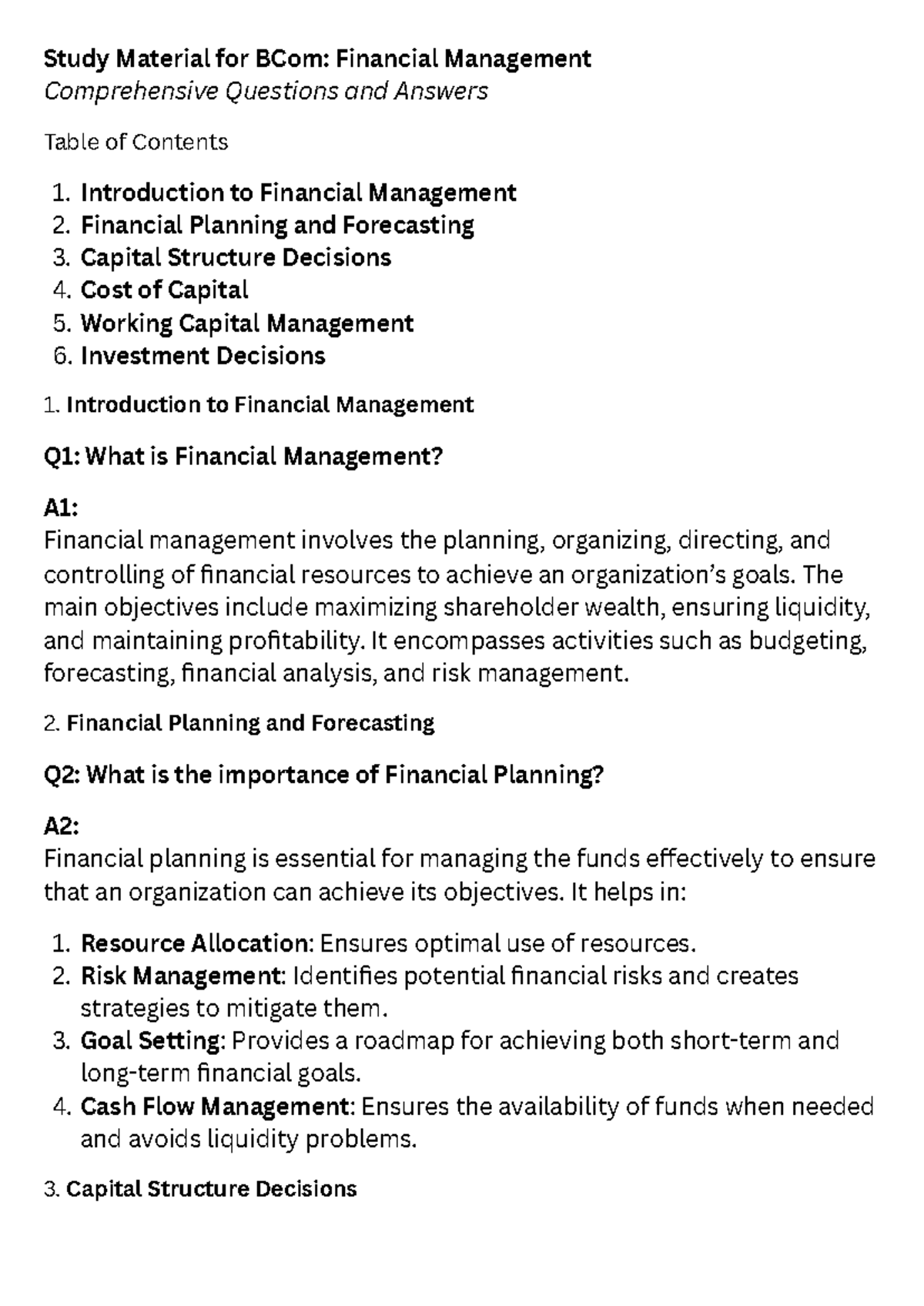 Study Material for BCom Financial Management Comprehensive Questions and Answers - The main ...