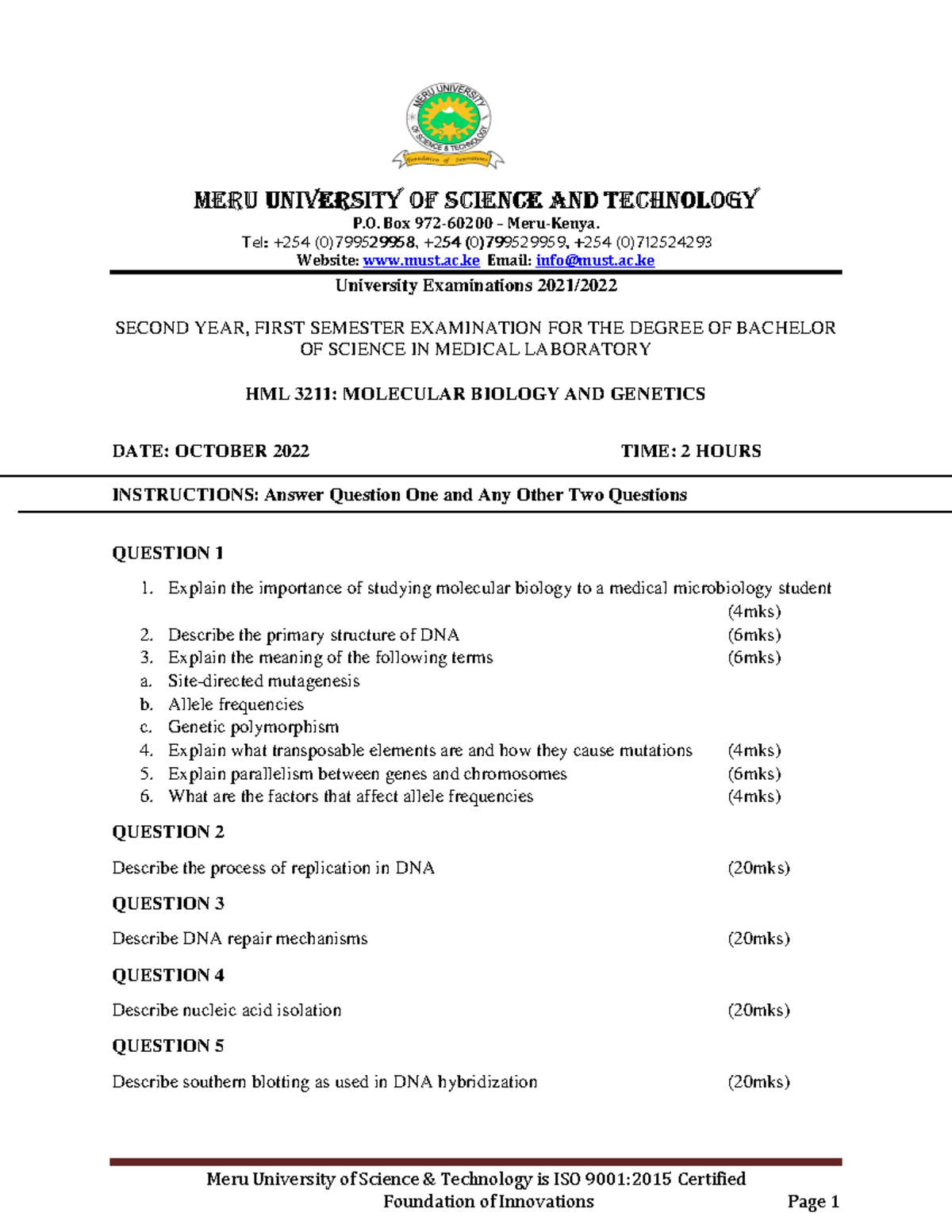 HML 3211 Molecular Biology AND Genetics - Meru University of Science ...