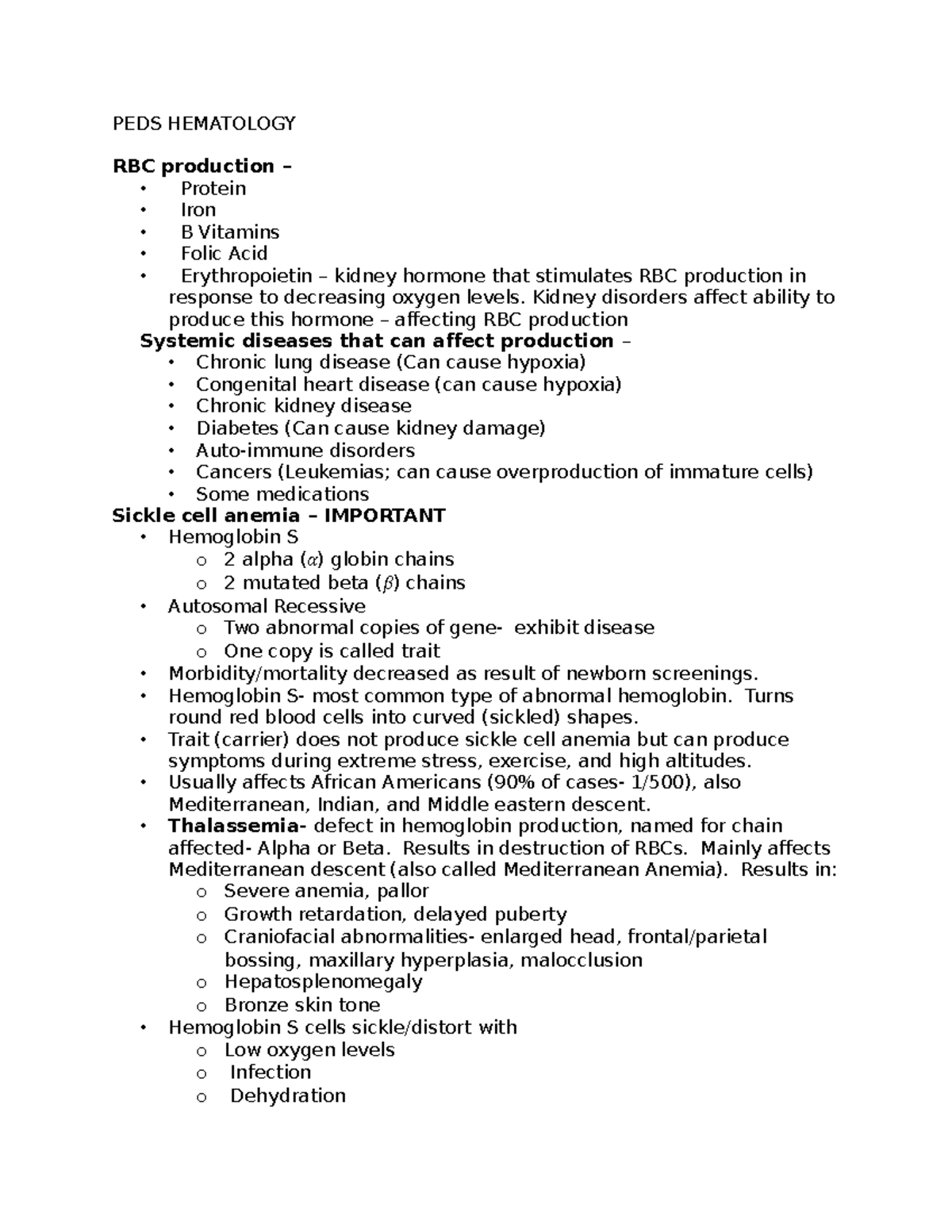 PEDS Hematology - pediatric notes from reading - PEDS HEMATOLOGY RBC ...