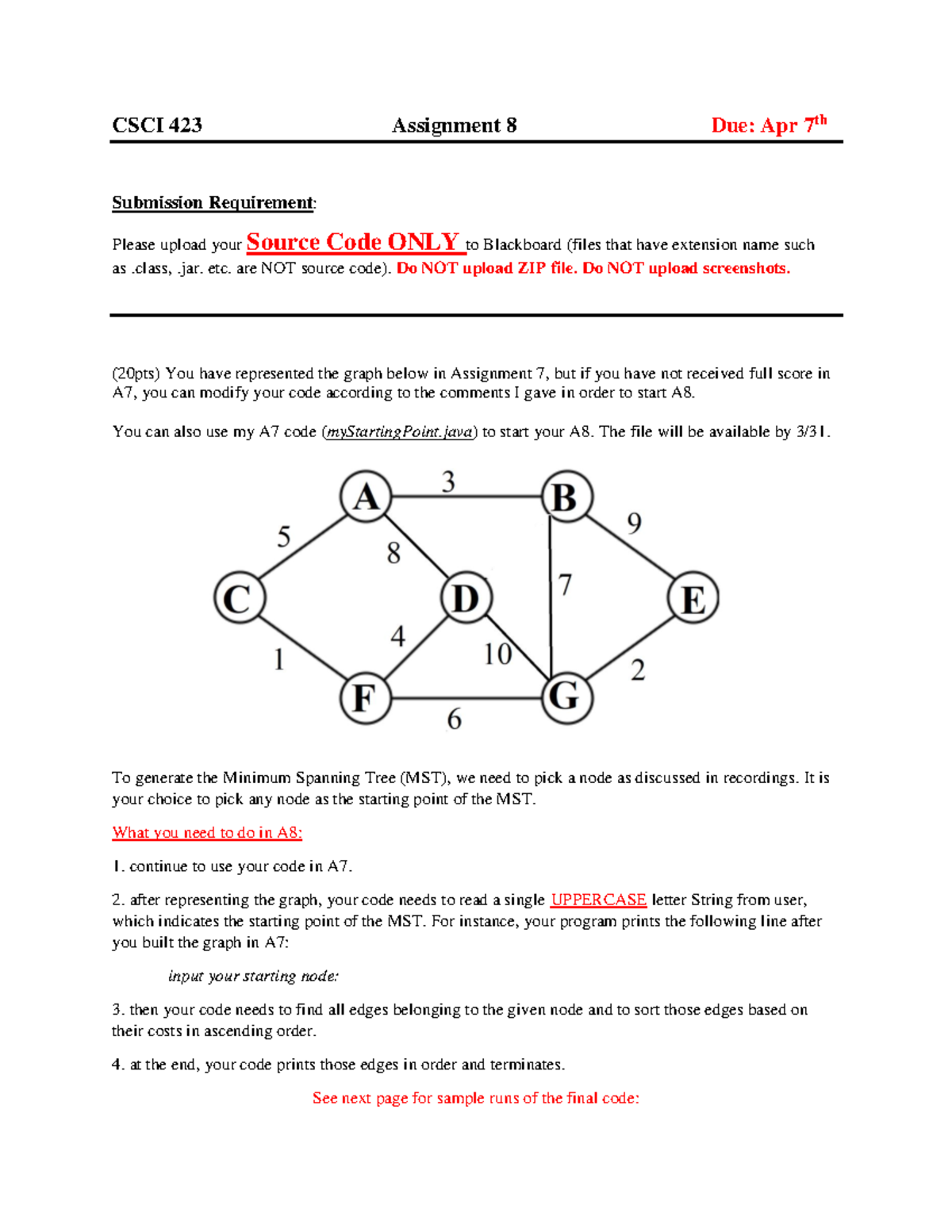Assignment 8 Algorithm Is Java Code - Csci 423 Assignment 8 Due: Apr