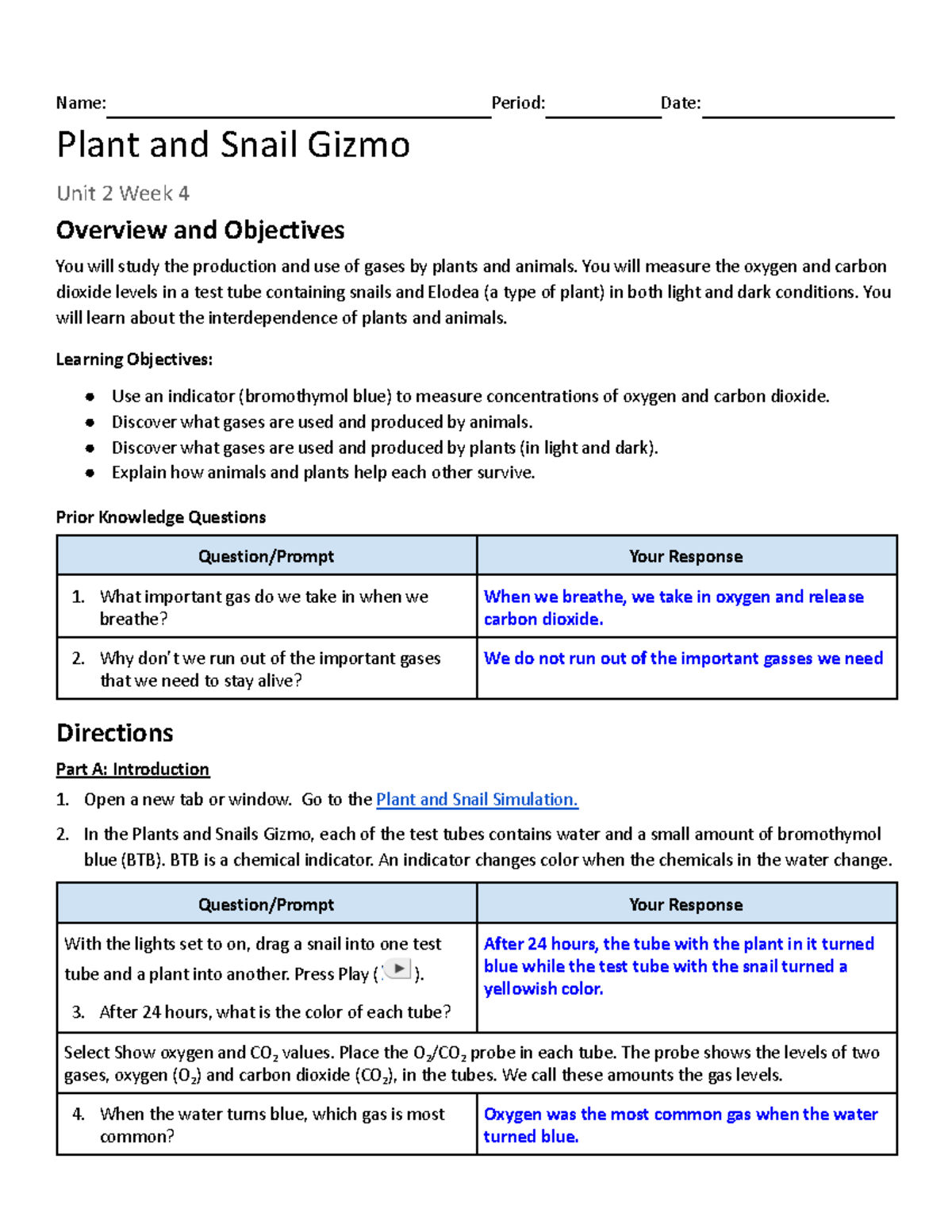 Plant and Snail Gizmo Student Sheet - Name: Period: Date: Plant and ...