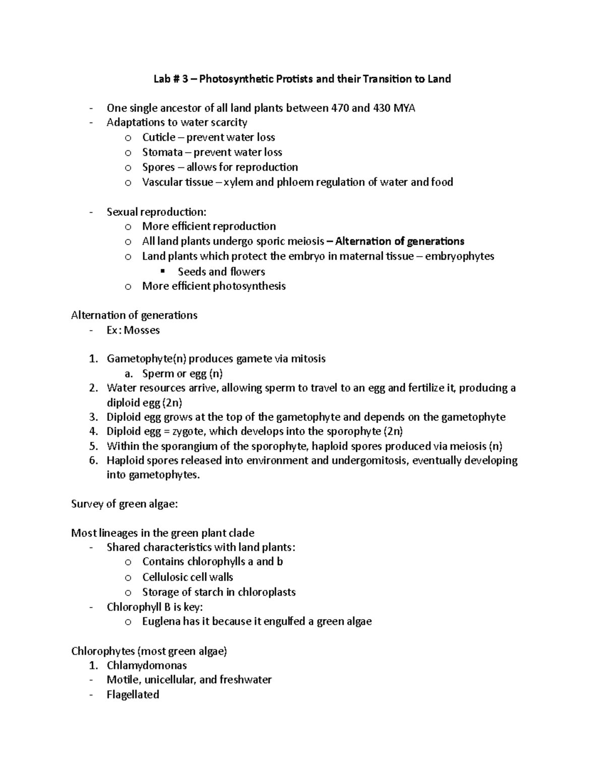 Bio 300 - Lab #3 - Photosynthetic Protists and their Transition to Land ...