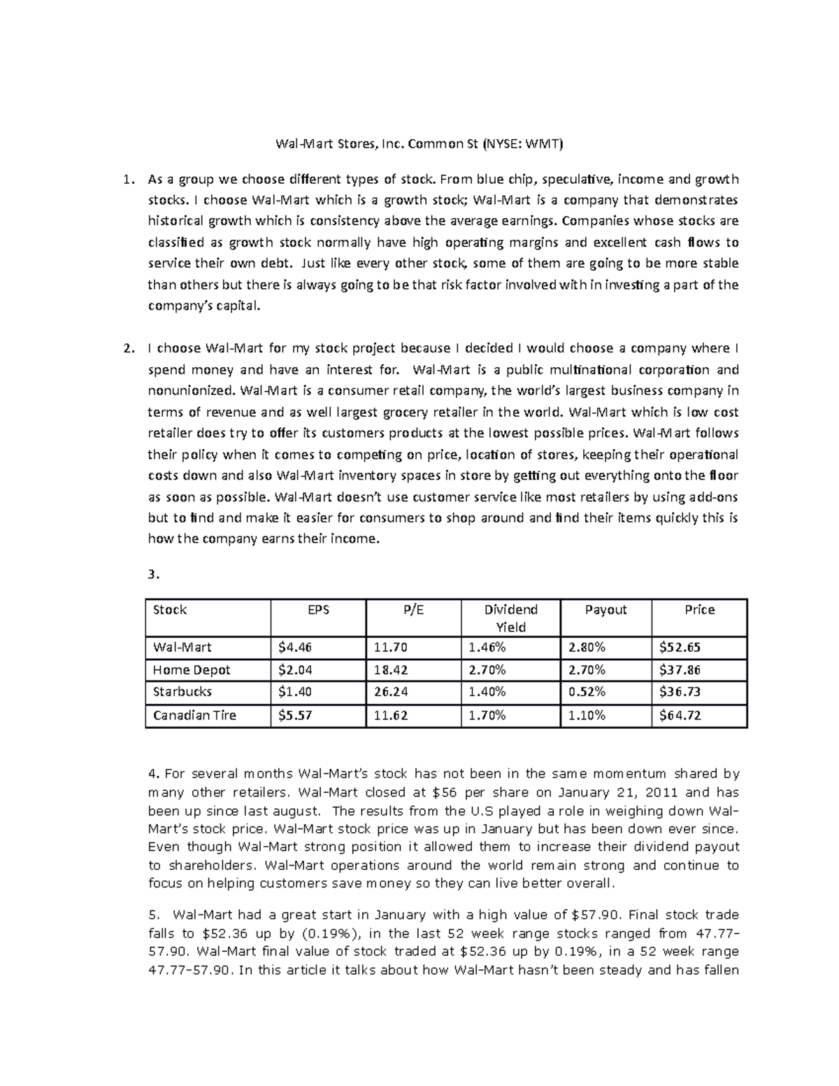 Stock Project - Analysis Walmart Group - Wal-Mart Stores, Inc. Common ...
