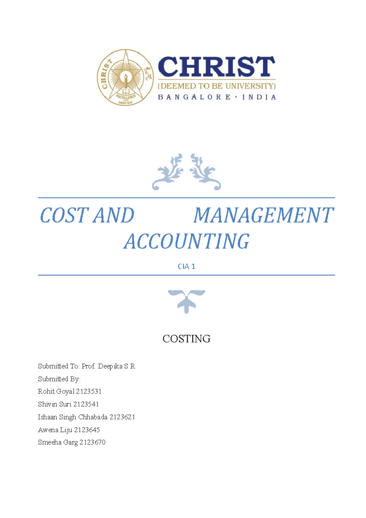 CMA CIA 1 assignment - COST AND MANAGEMENT ACCOUNTING CIA 1 COSTING ...