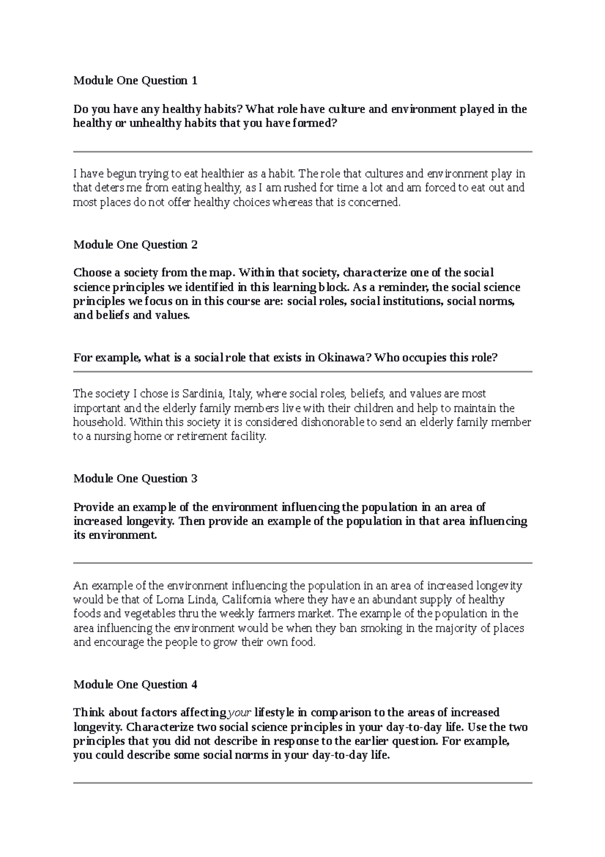Module 2 short answer - Module One Question 1 Do you have any healthy ...