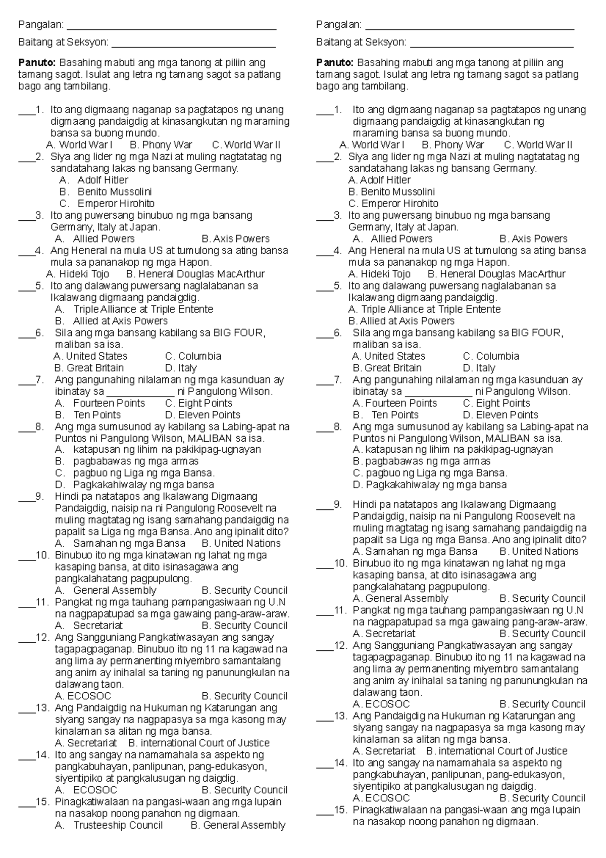Q4 Module 3 QUIZ - Pangalan: _____________________________________ Baitang at Seksyon: - Studocu