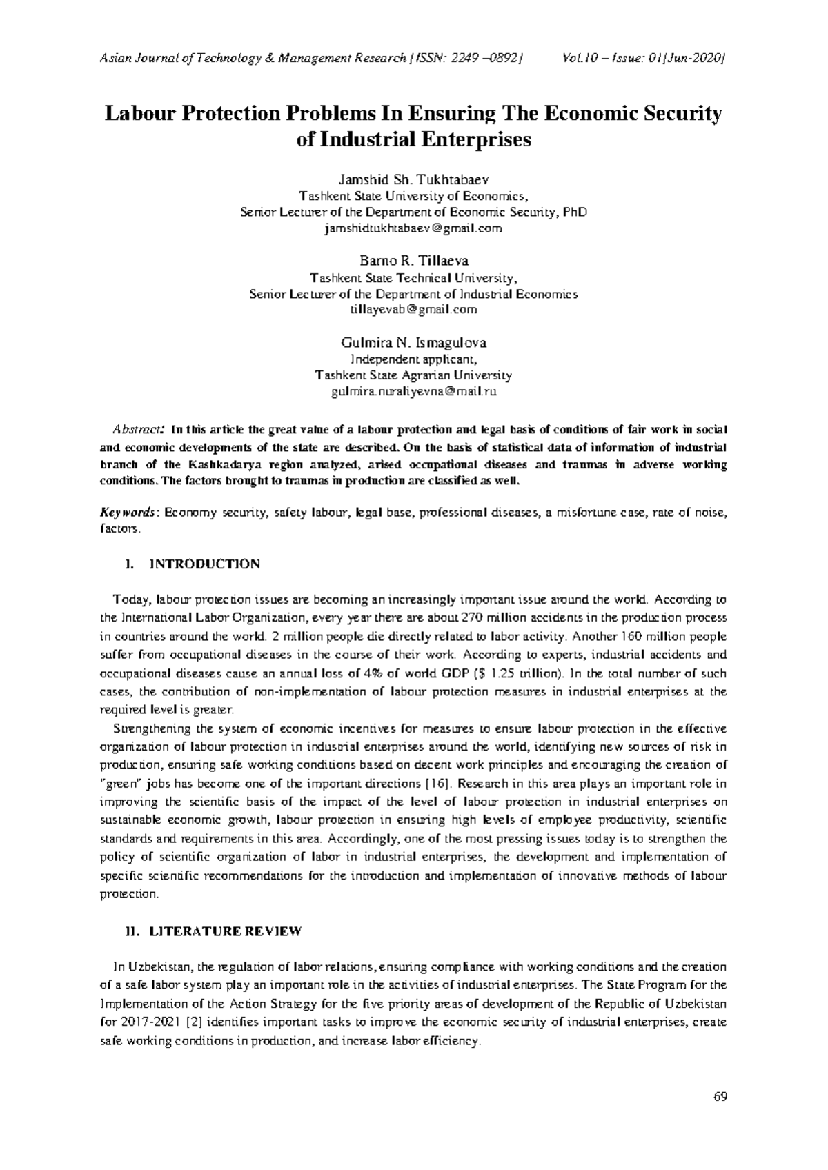 Article 1 Labour Protection Problems In Ensuring The Economic Security ...