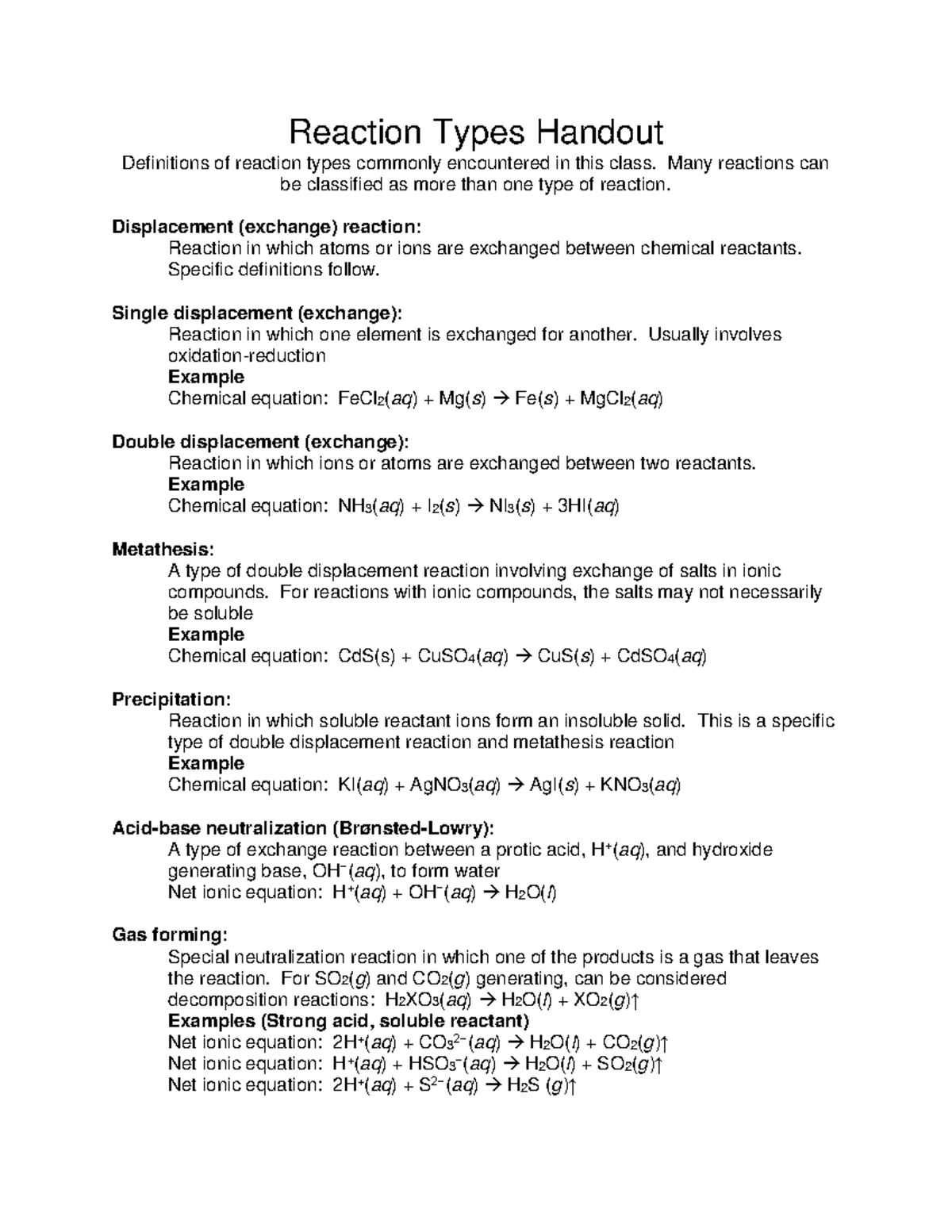 Reaction Types Encountered in CHEM 125 - Reaction Types Handout ...