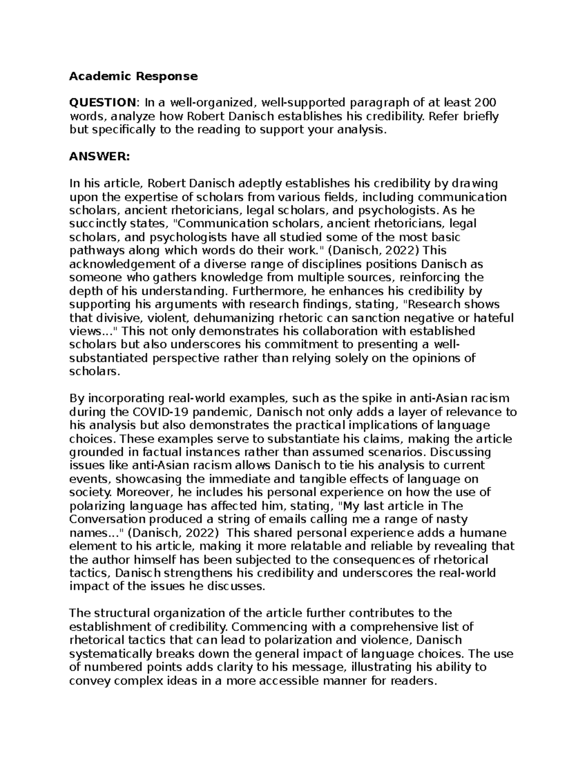 Final EXAM - Academic Response QUESTION: In a well-organized, well ...