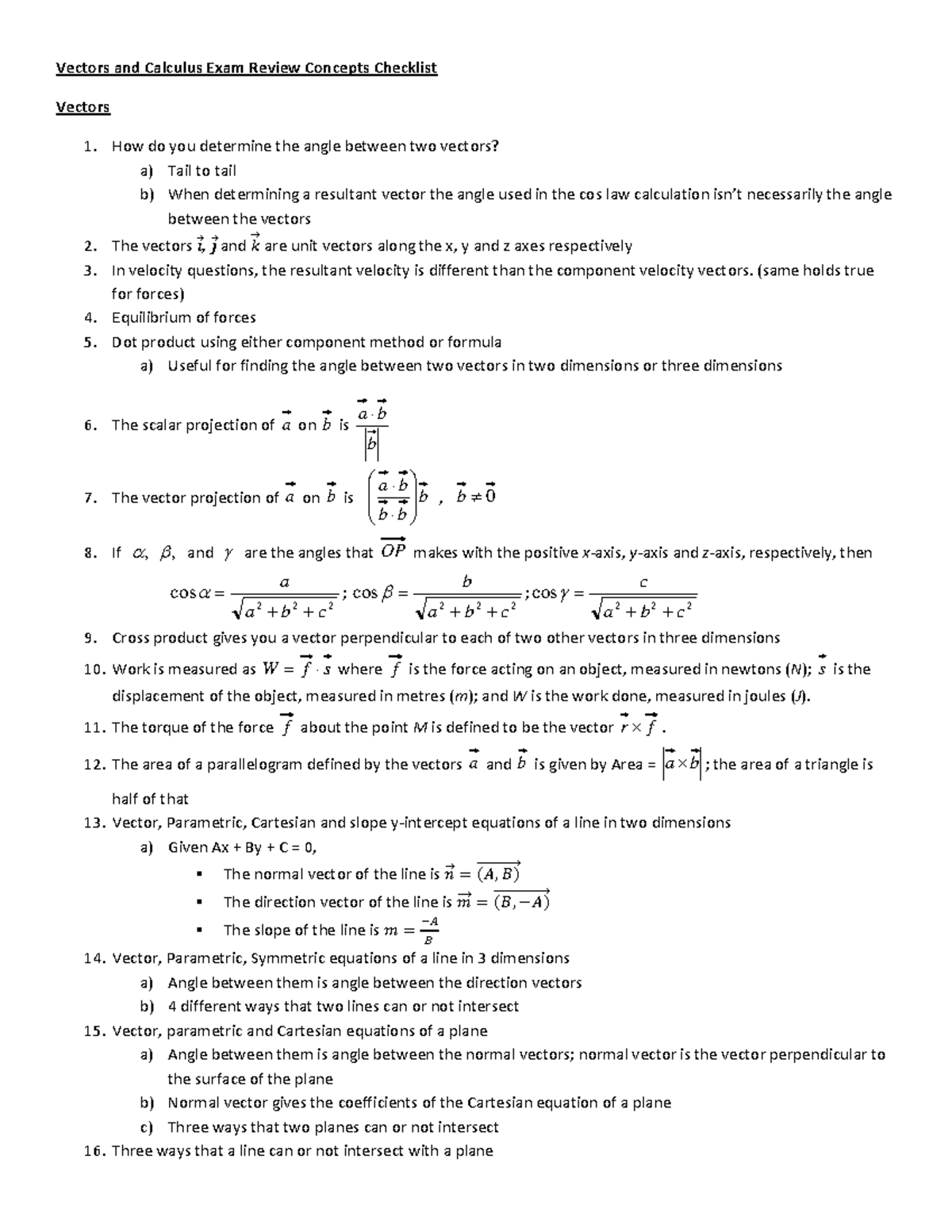 Exam review concepts checklist - Vectors and Calculus Exam Review ...