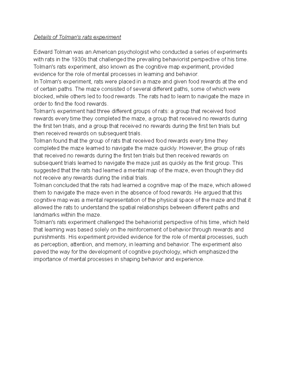 Details of Tolman's rats experiment - Tolman's rats experiment, also ...