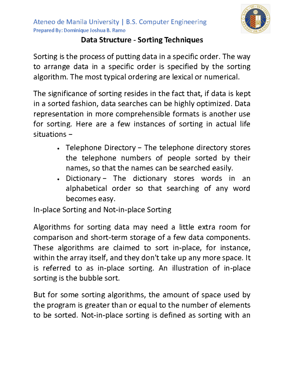 Study Guide - Data Structure - Sorting Techniques - Prepared By: Dominique Joshua B. Ramo Data ...