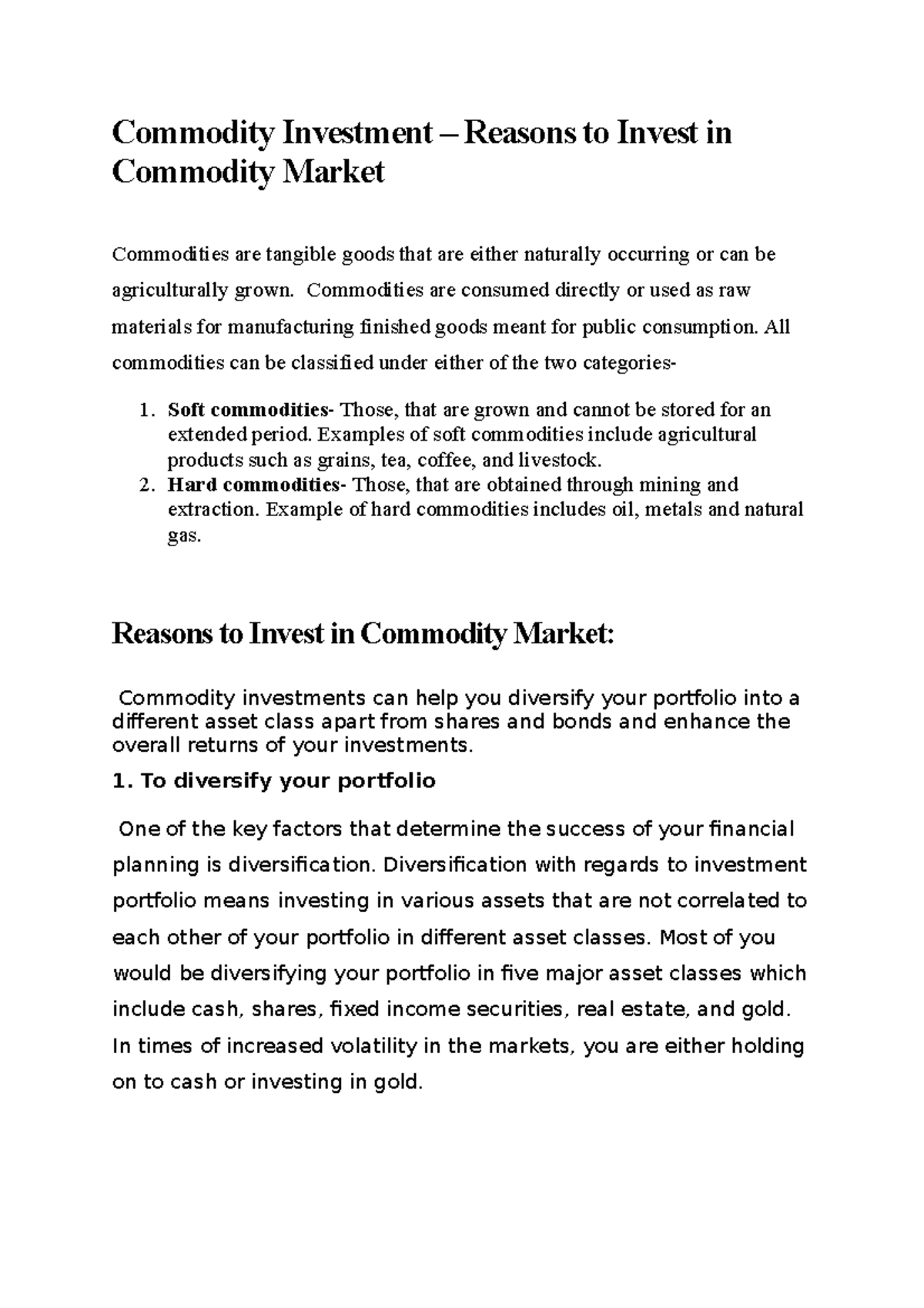 Commodity Investment - assignment - Commodity Investment – Reasons to ...