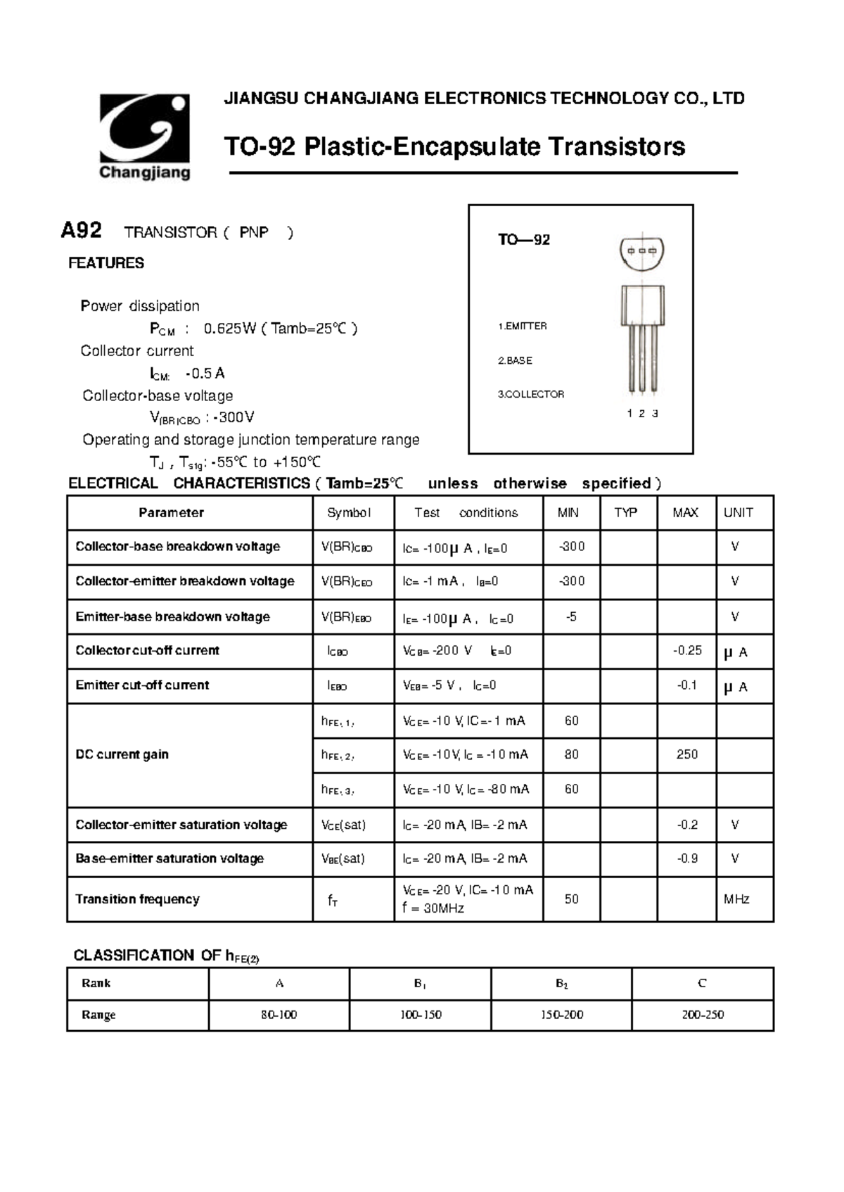 A92 - JIANGSU CHANGJIANG ELECTRONICS TECHNOLOGY CO., LTD TO-92 Plastic ...