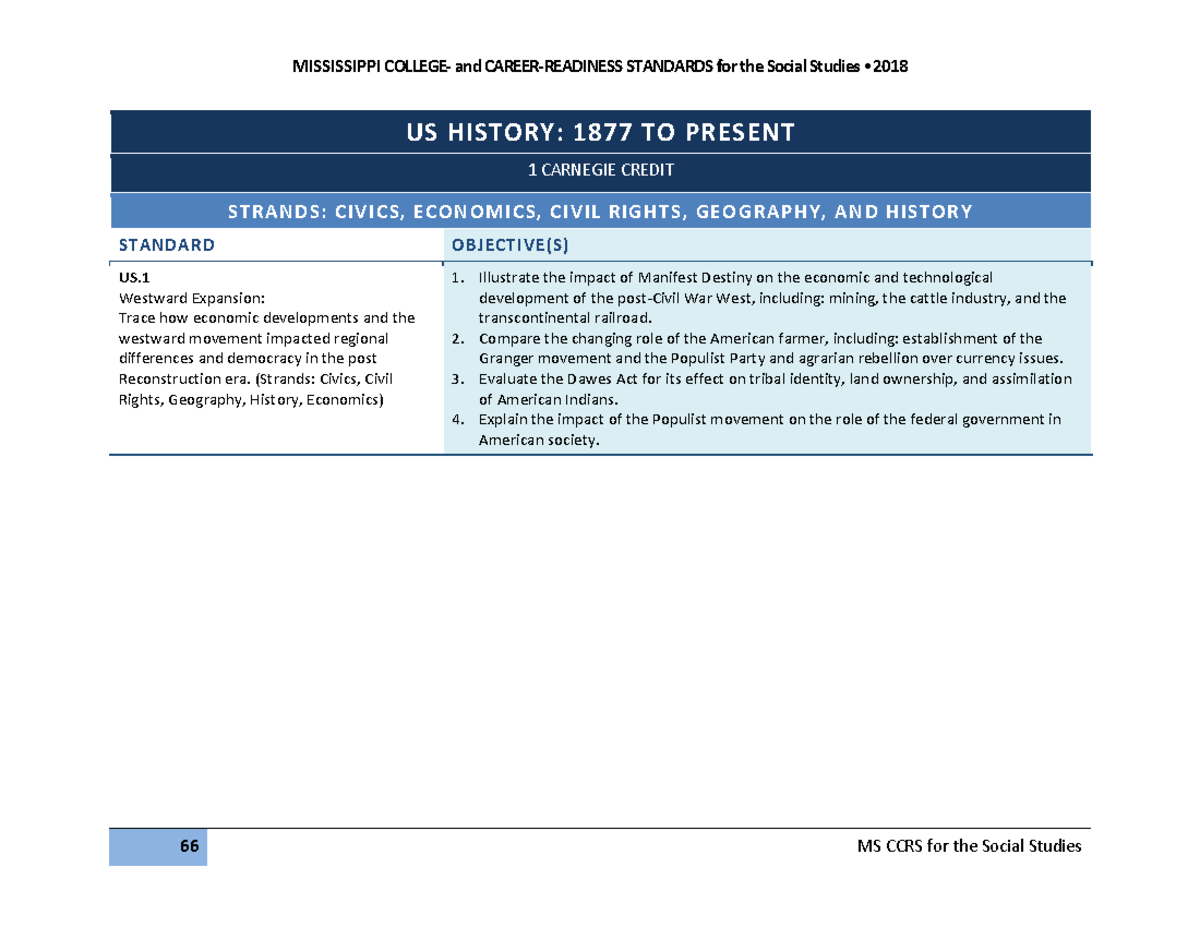 Us history standards - US HISTORY: 1877 TO PRESENT 1 CARNEGIE CREDIT ...