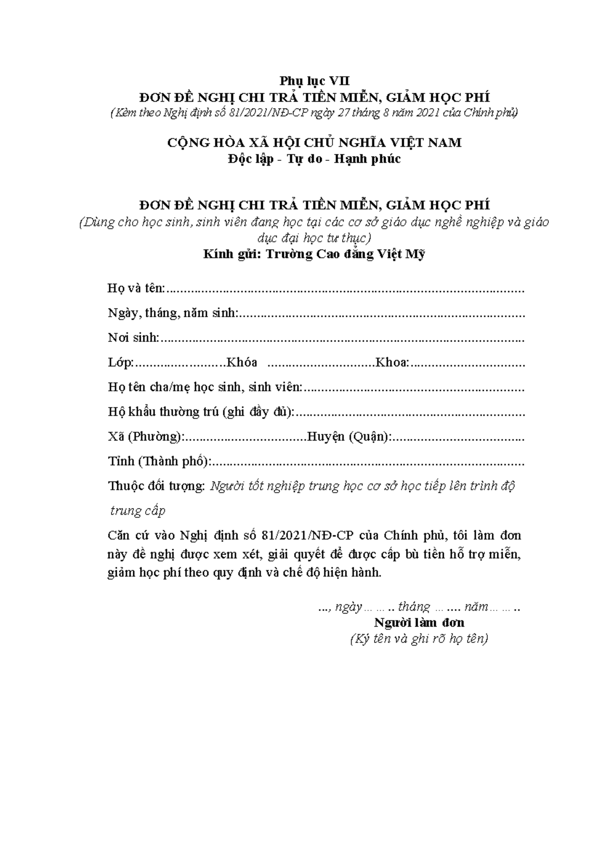 Mau đon đe nghi mien, giam hoc phi Phu luc VII - Phụ lục VII ĐƠN ĐỀ ...