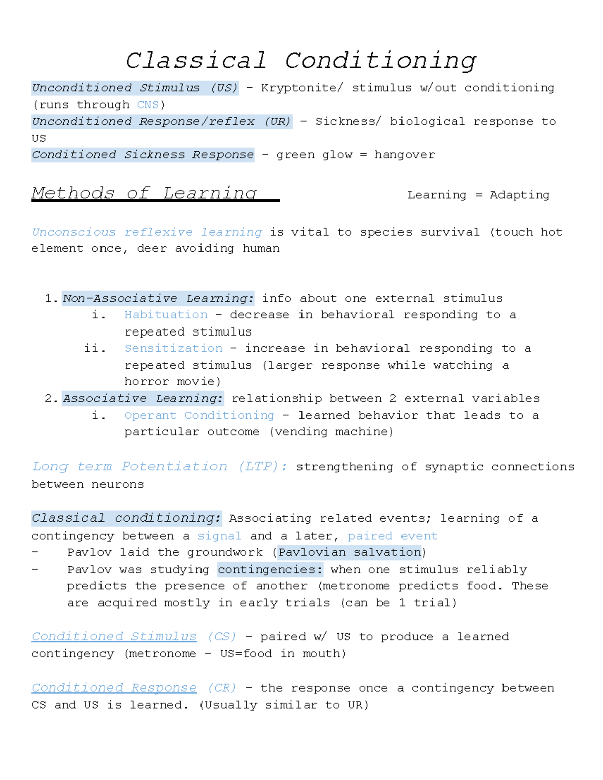 Intro Classical Conditioning Lecture Notes - Classical Conditioning ...