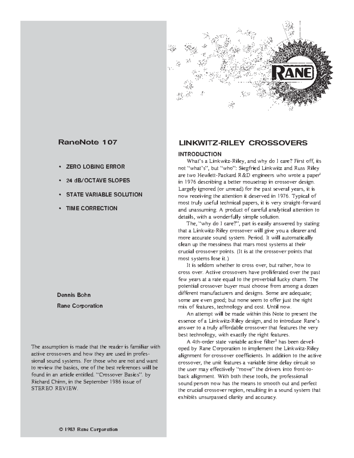 539-Linkwitz Riley Crossovers - © 1983 Rane Corporation • ZERO LOBING ...