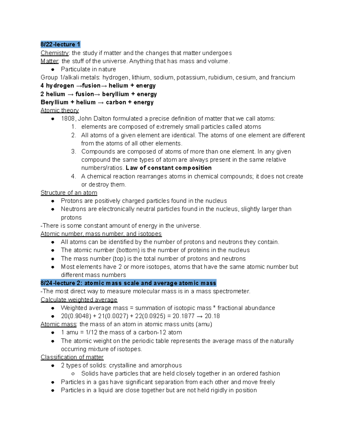 Chem 109 lecture notes - 8/22-lecture 1 Chemistry: the study if matter ...