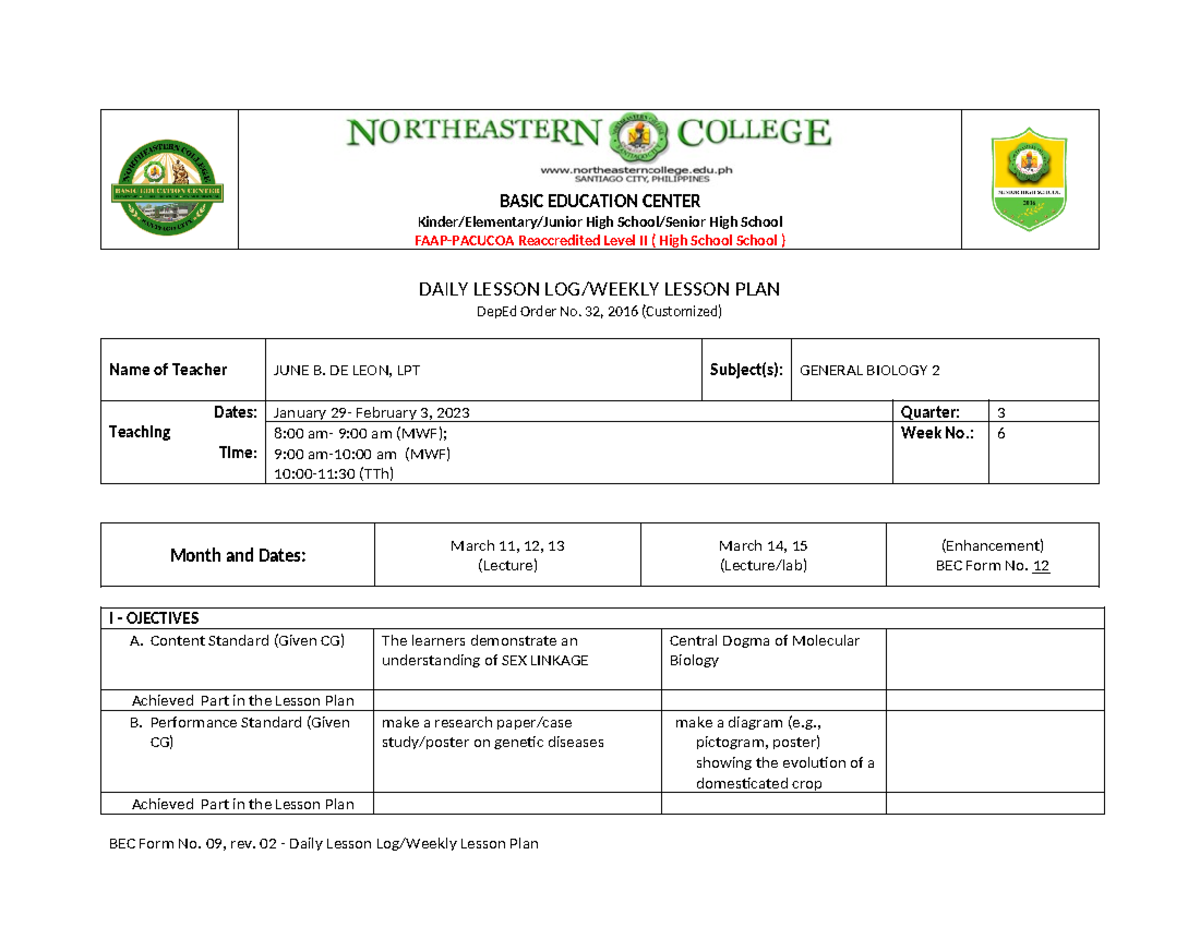 Dll gen bio week 1 - General Science - BASIC EDUCATION CENTER Kinder ...