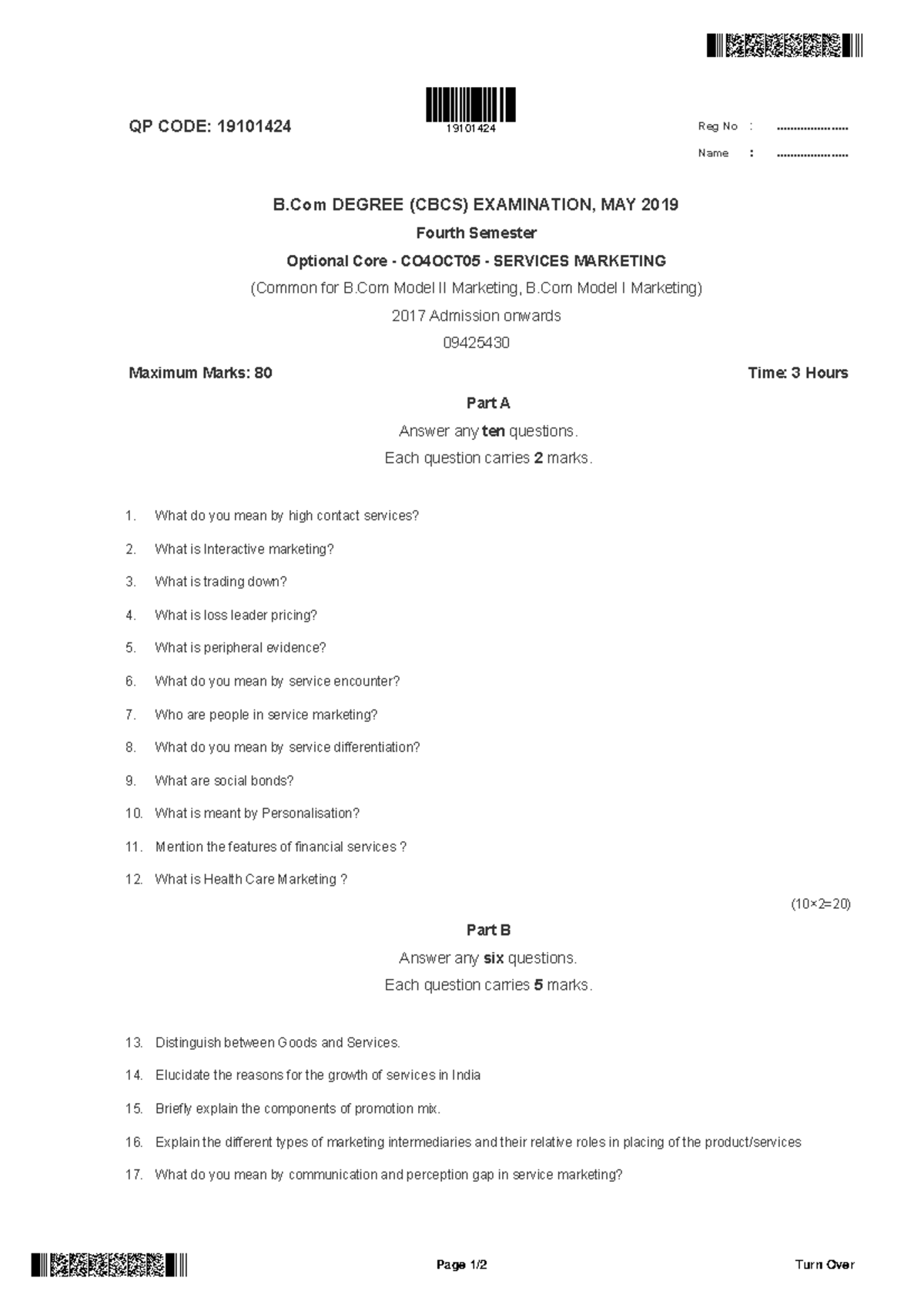 Ilovepdf merged - Question paper - QP CODE: 19101424 Reg No : ..................... ####### Name ...