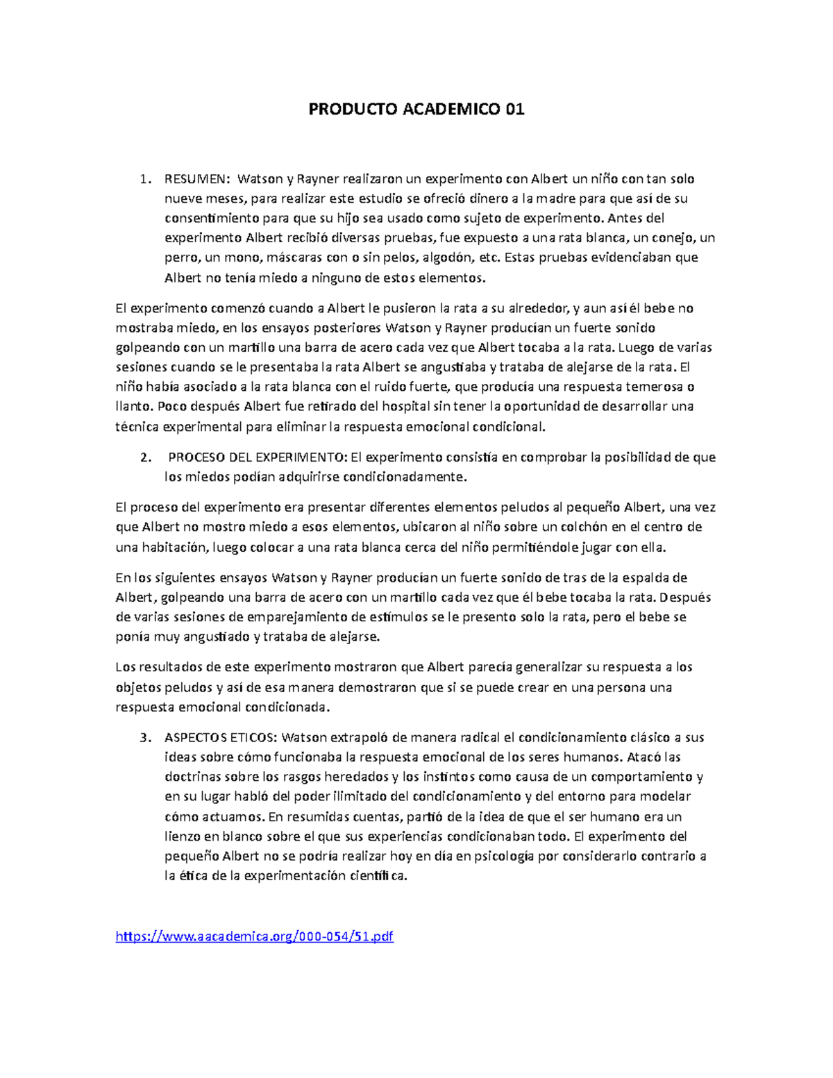 PA1 Pequeño Albert - PRODUCTO ACADEMICO 01 RESUMEN: Watson y Rayner ...