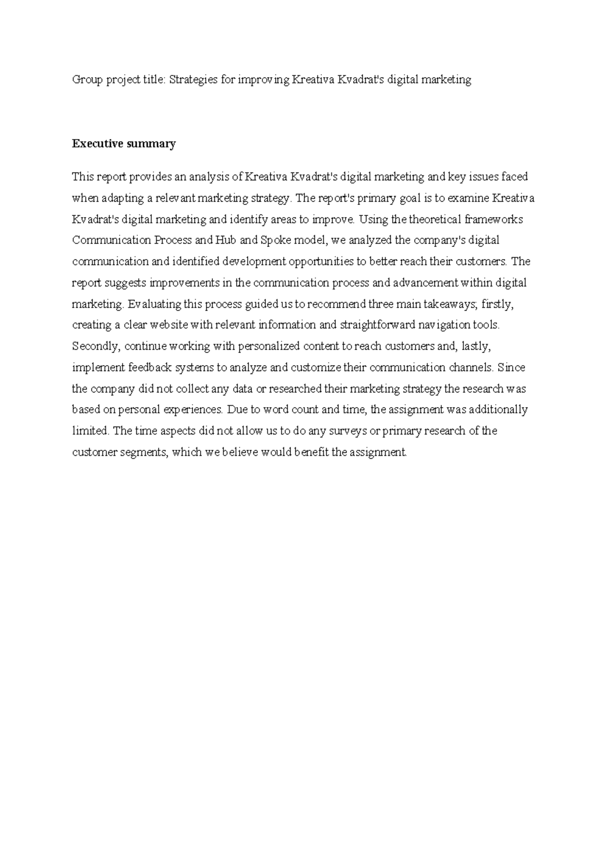 Example 2 Group project report - Group project title: Strategies for ...