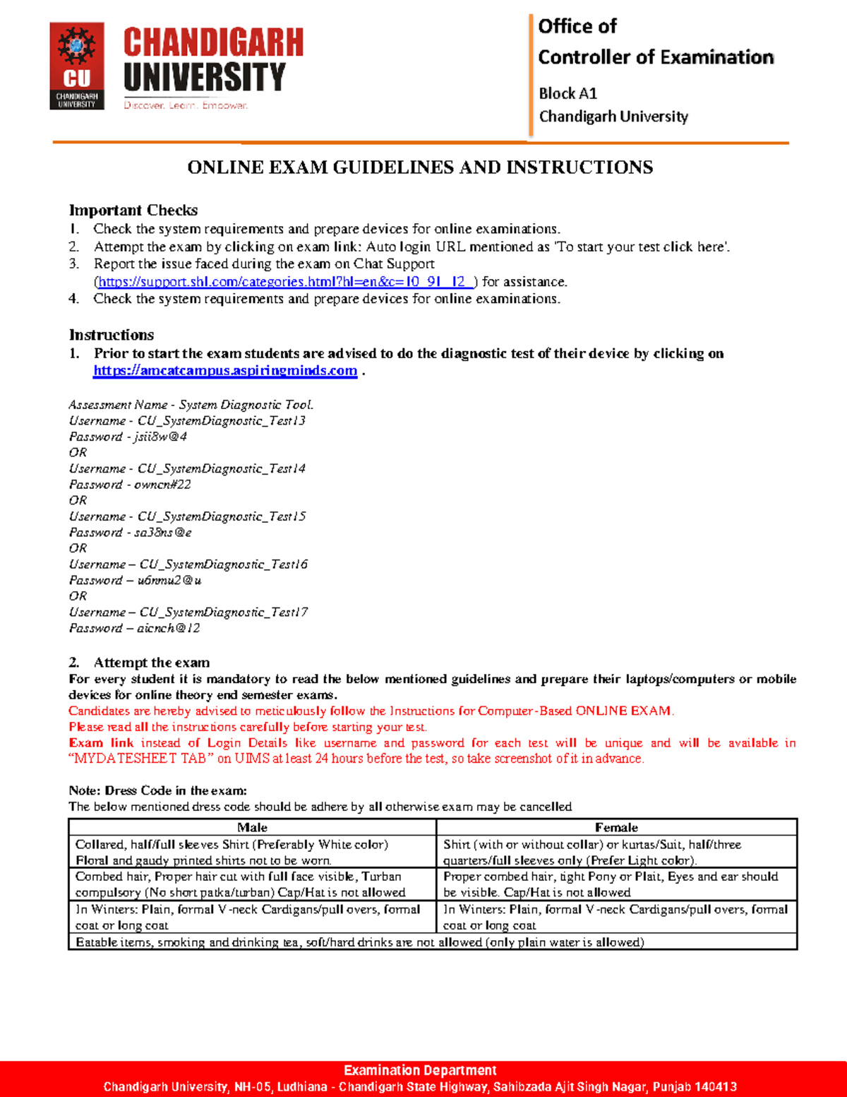 Guidelines Online Exams - Examination Department Controller of Examination Block A Chandigarh ...