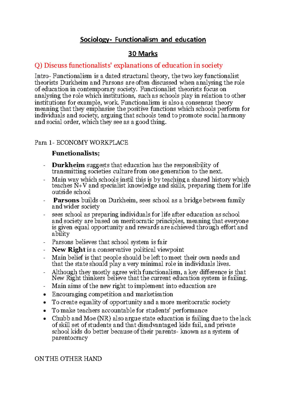 Sociology- Functionalism and education - Functionalist theorists focus ...