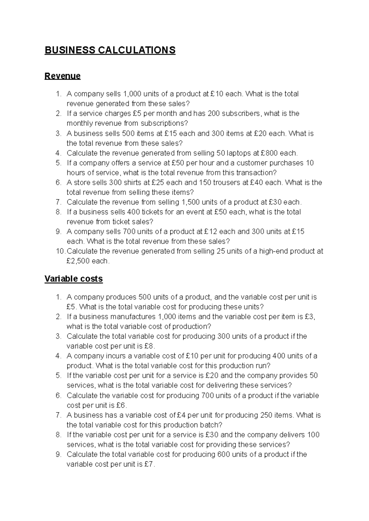Business Calculations - BUSINESS CALCULATIONS Revenue 1. A company ...