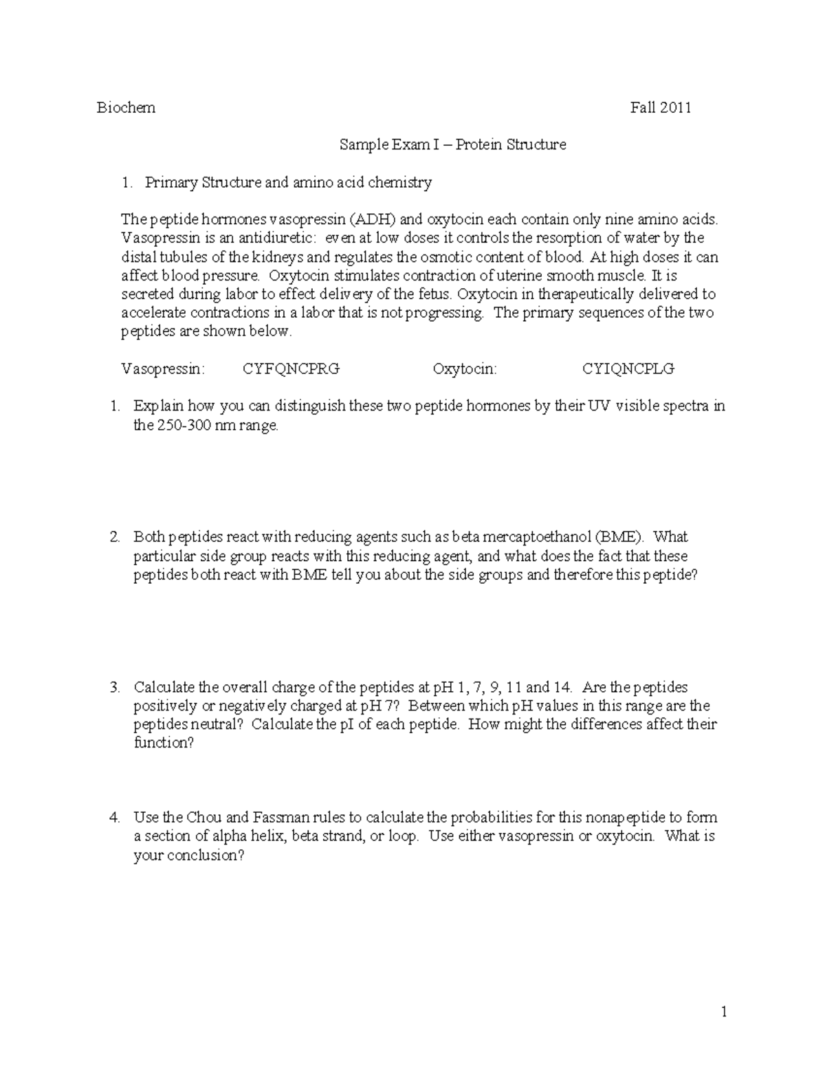 Exam protein stuctures fall 2011 - Biochem Fall 2011 Sample Exam I ...