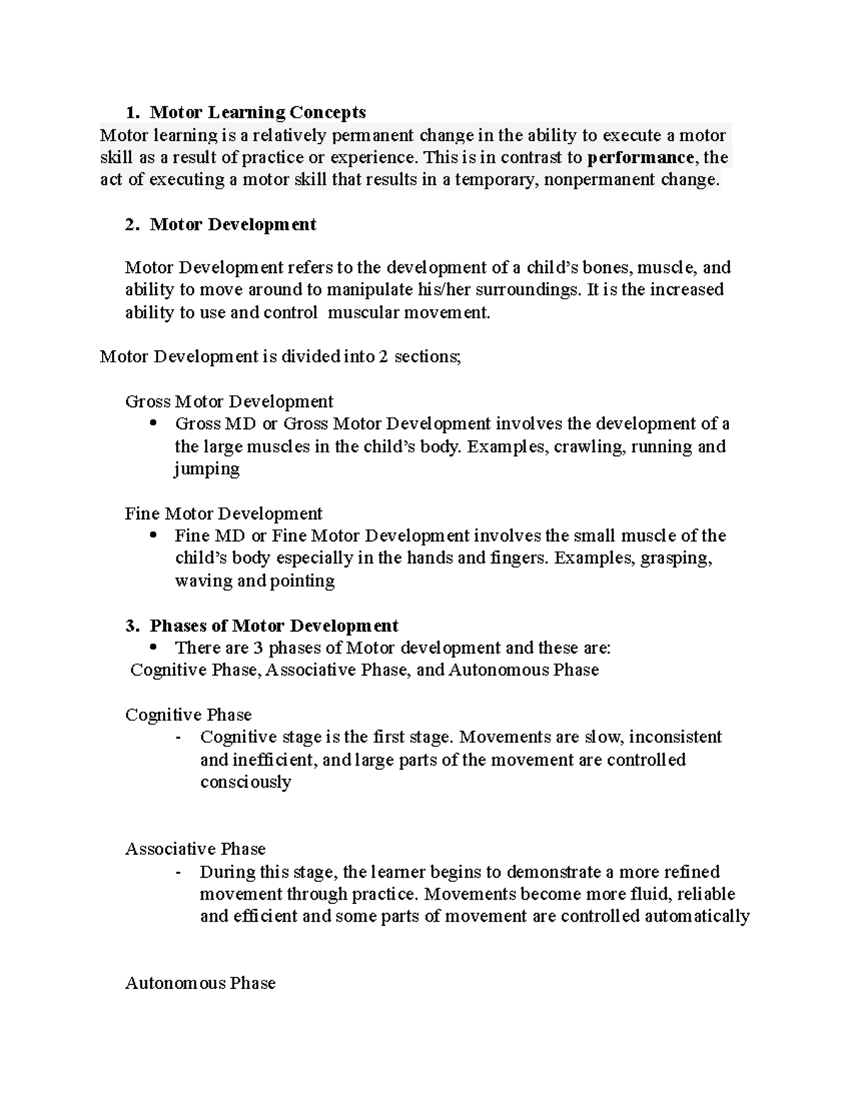 Motor behavior - gew - Motor Learning Concepts Motor learning is a ...
