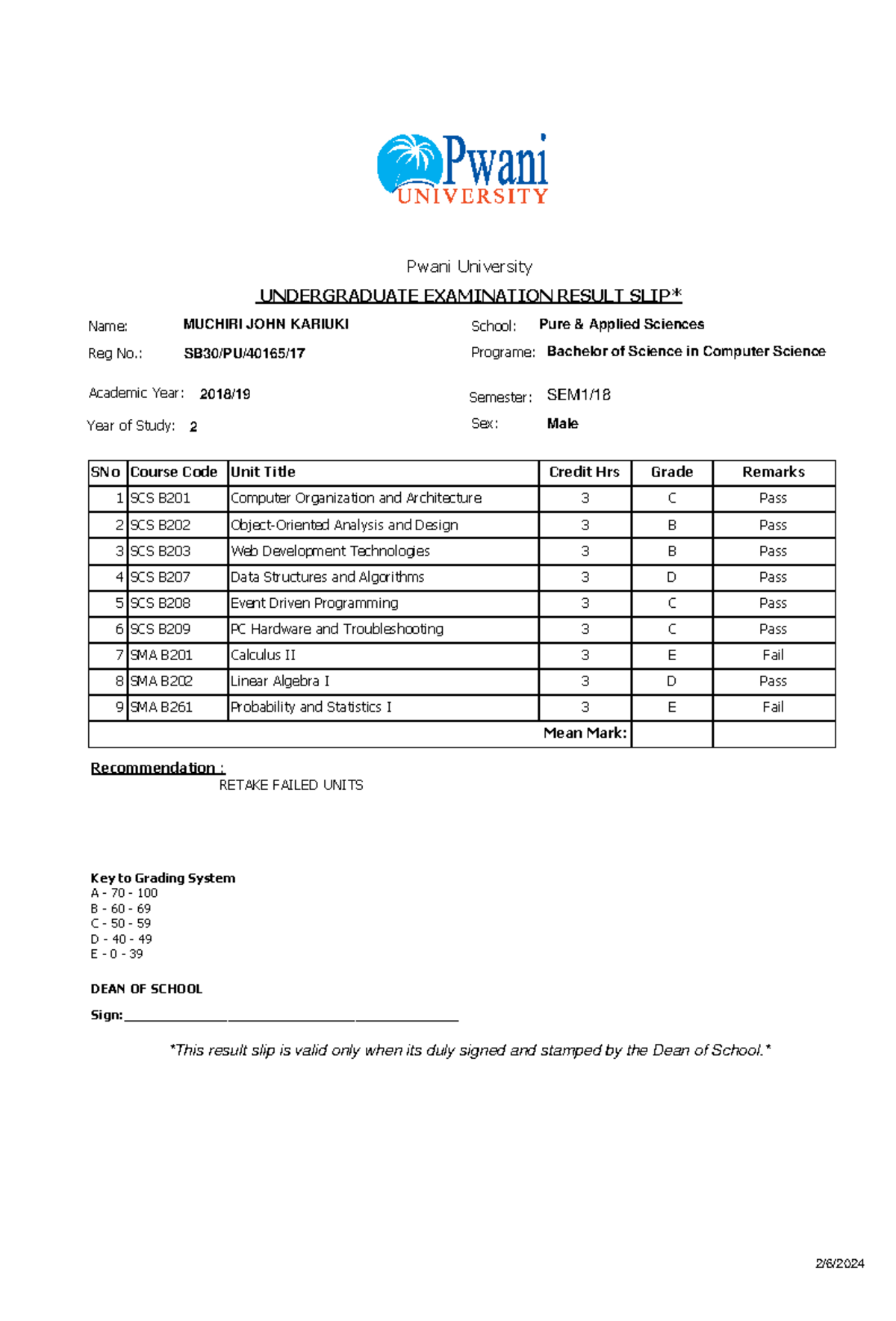 Print Exam Result Slip - SNo Course Code Unit Title Credit Hrs Grade ...