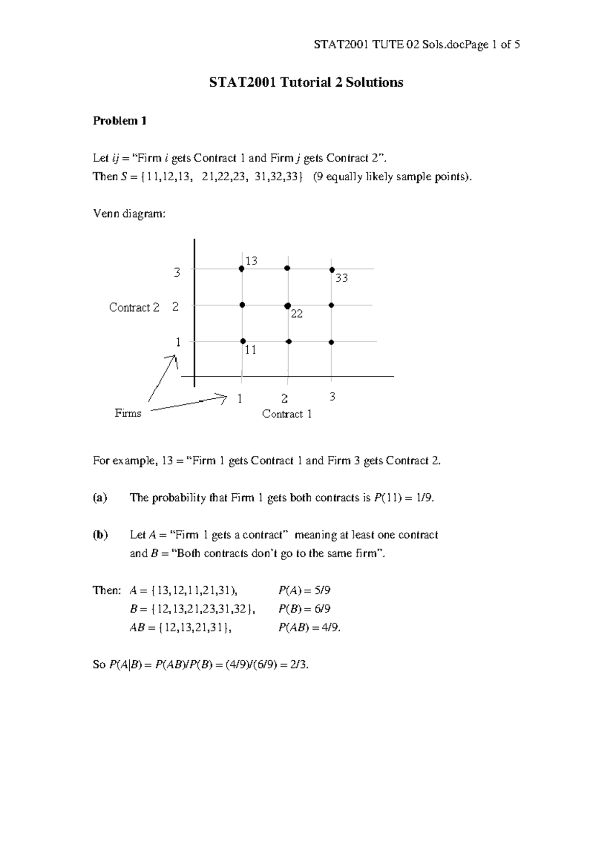 Stat2001 Tute 02 Sols - STAT2001 TUTE 02 Sols 1 of 5 STAT2001 Tutorial 2 Solutions Problem 1 Let ...