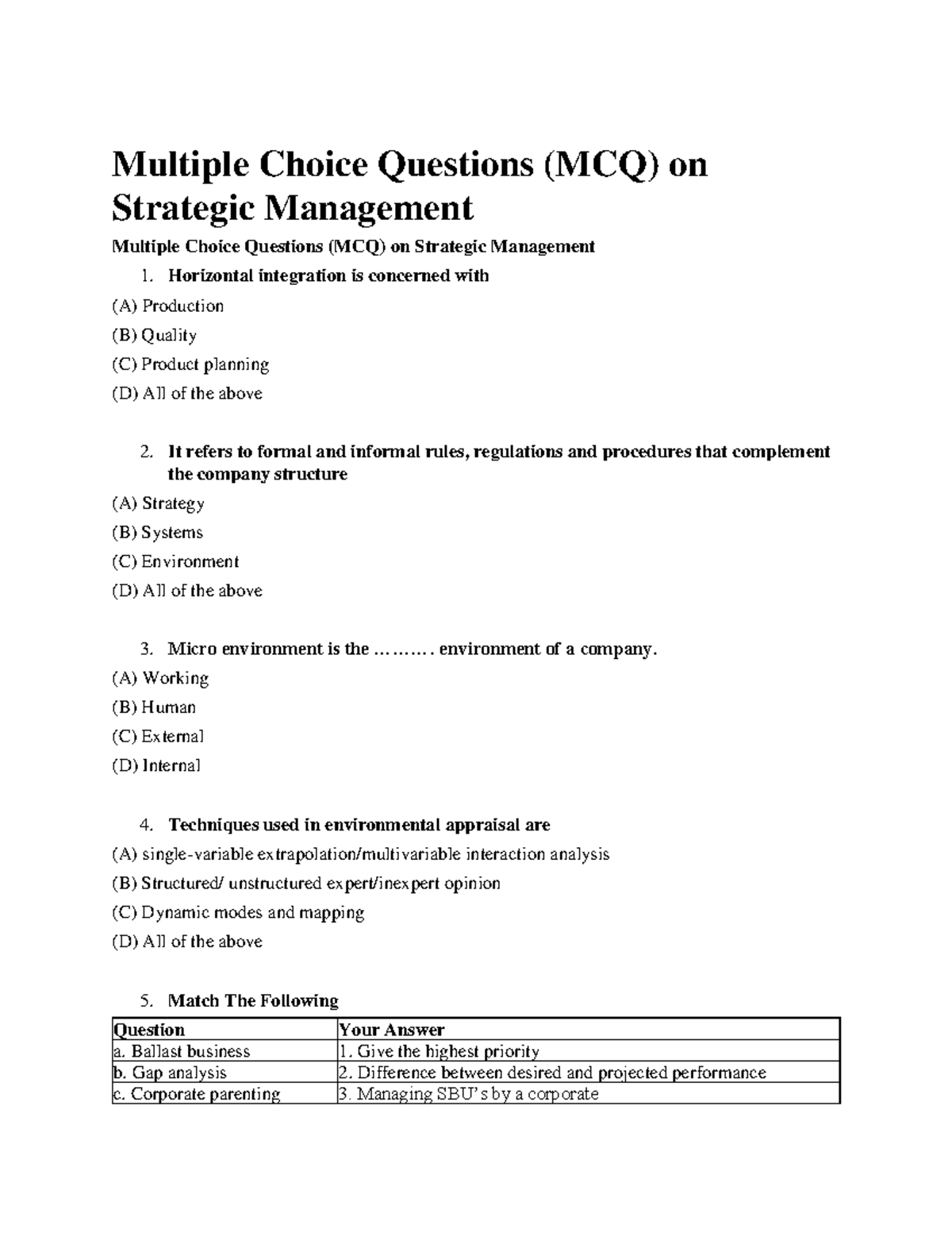 BUS 410 Question BANK - Multiple Choice Questions (MCQ) on Strategic ...