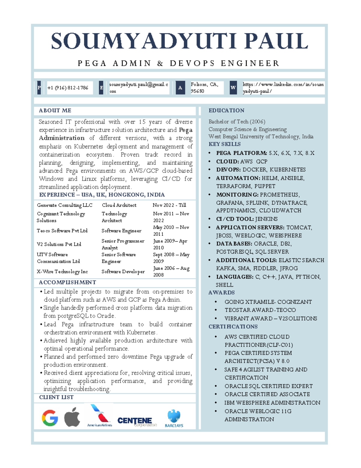 Pega-Admin-Dev Ops Engineer -Resume - One Page - SOUMYADYUTI PAUL P E G ...