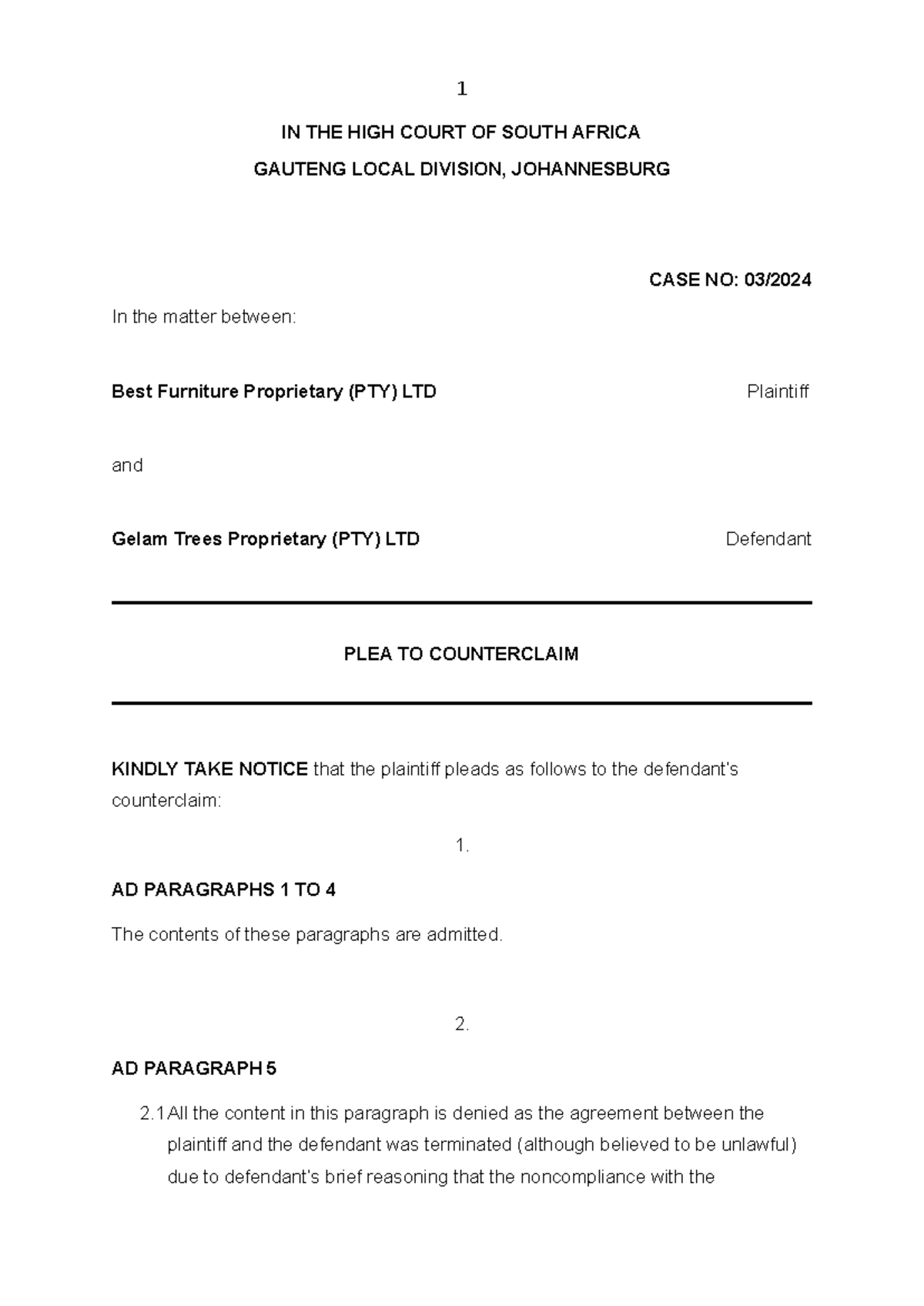 PLEA TO Counterclaim edited final copy - 1 IN THE HIGH COURT OF SOUTH ...