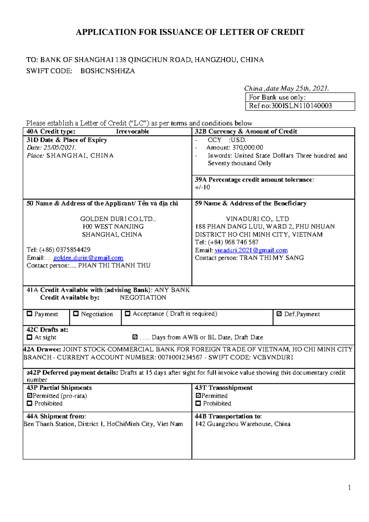 Phương thức thanh toán LC mẫu - APPLICATION FOR ISSUANCE OF LETTER OF ...