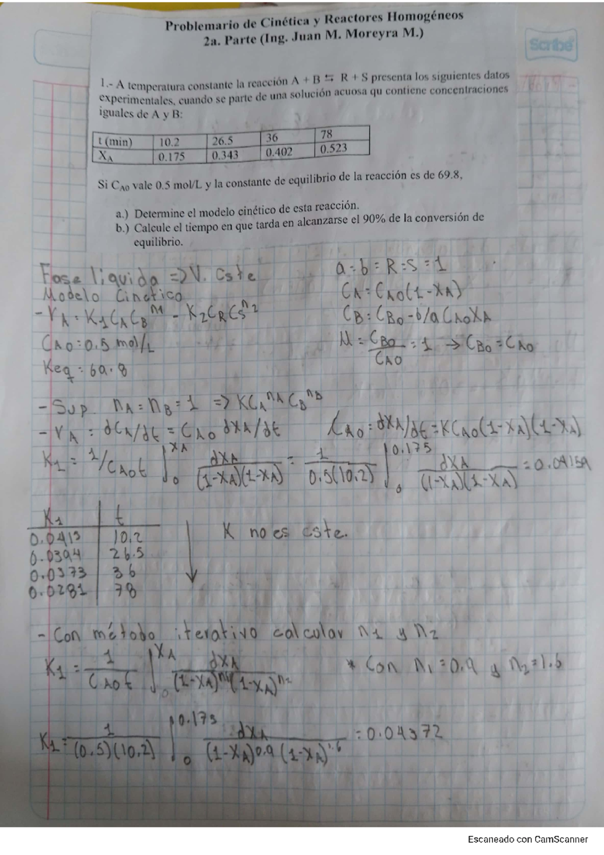 HE Emmanuel Probiemario 2do Parcial - Problemario de Cinética y Reactores Homogéneos 2a. Parte ...