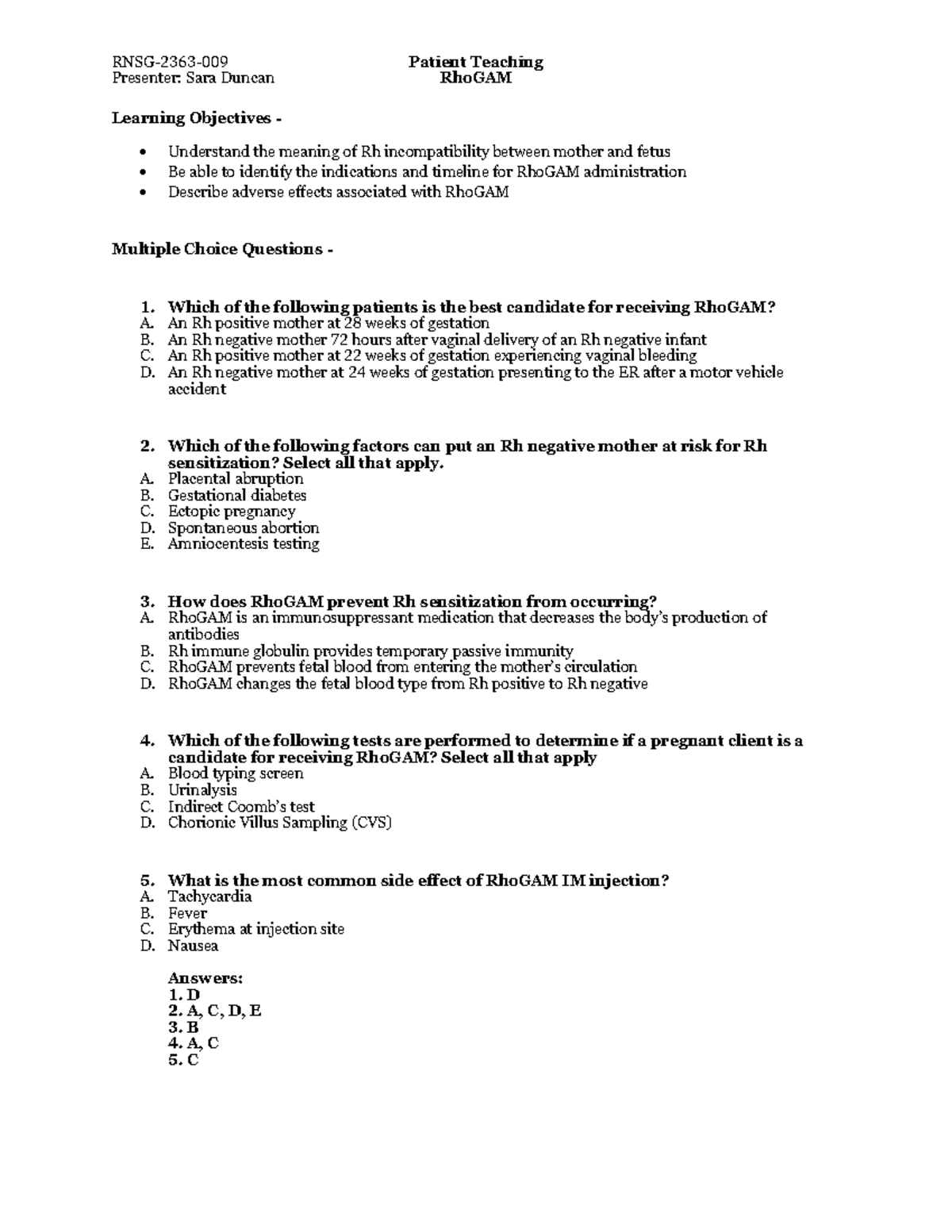 Rho GAM Multiple Choice Questions - Copy - RNSG- 2363 - 009 Presenter ...